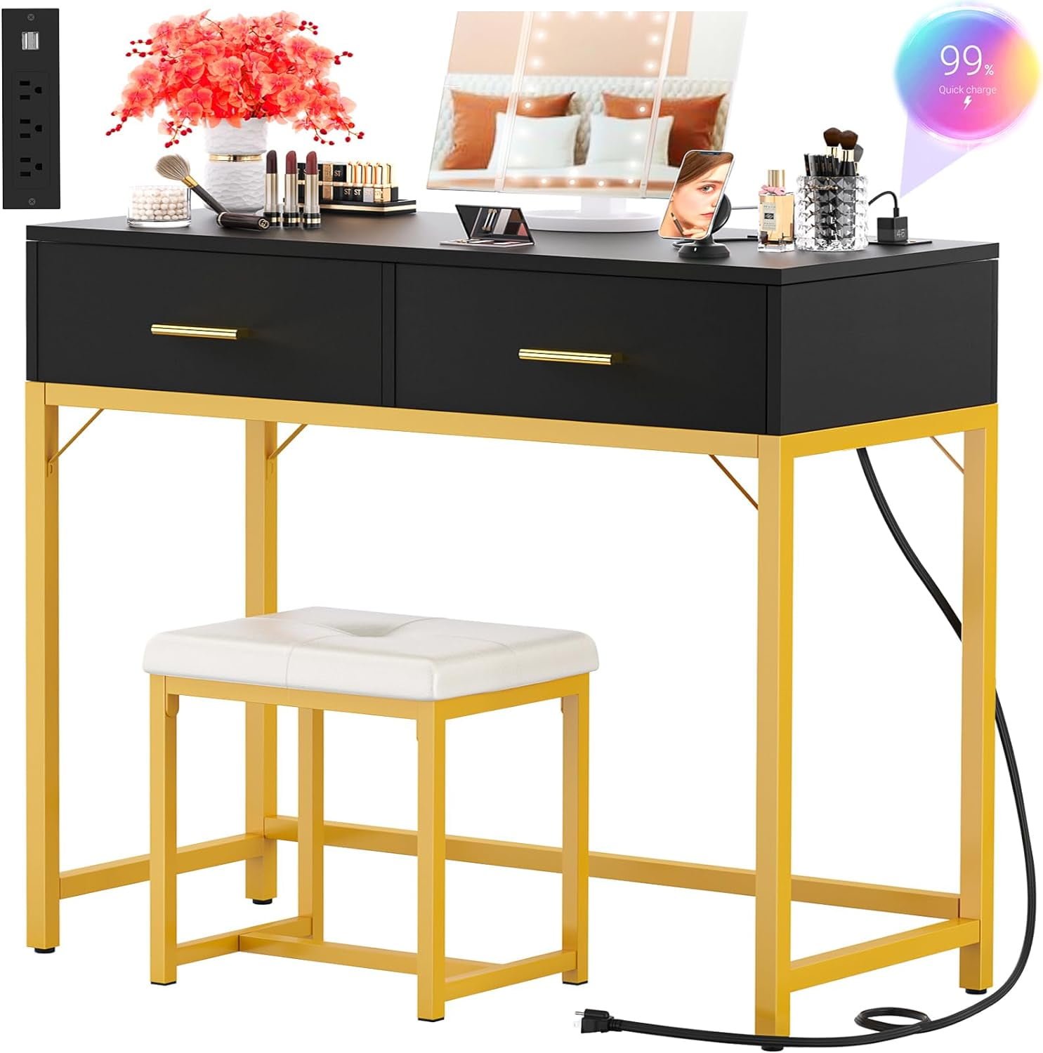 Cyclysio Vanity Desk with Charging Station, Black Makeup Vanity with ...