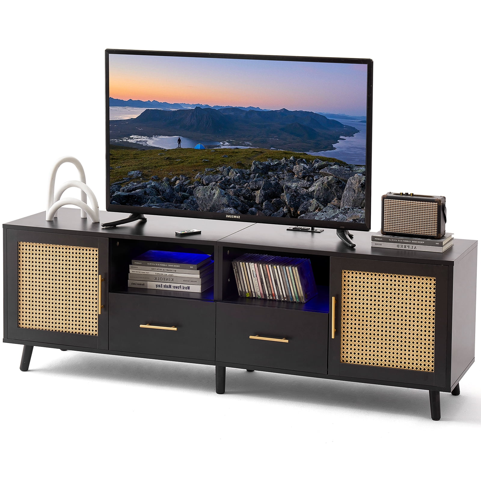 Cyehnenx Rattan TV Stand for 75in TV, Boho Entertainment Center with ...