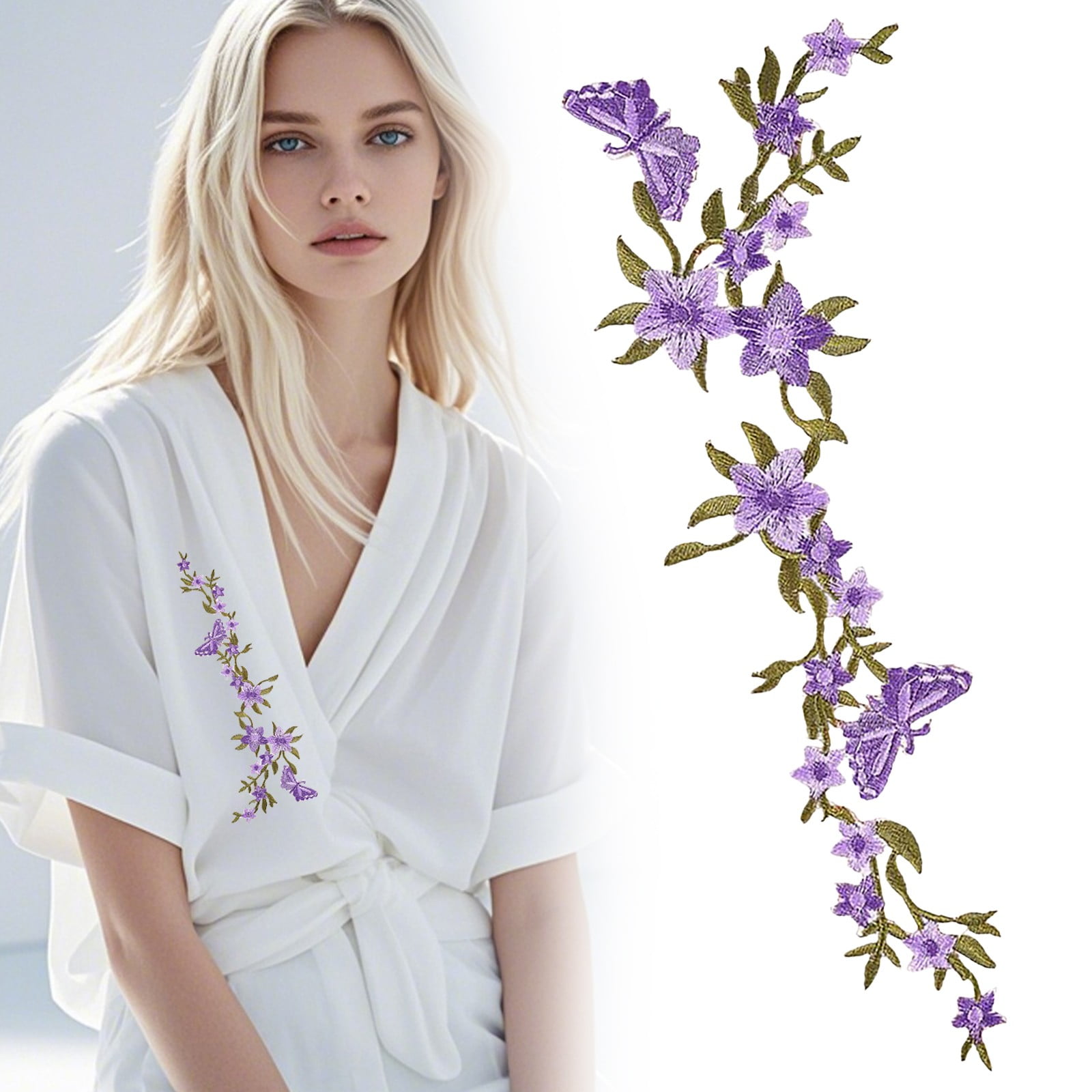 Cyence Embroidered Plum Blossom Patch Purple, Flower on Applique Butterfly Embroidered Sew on ...