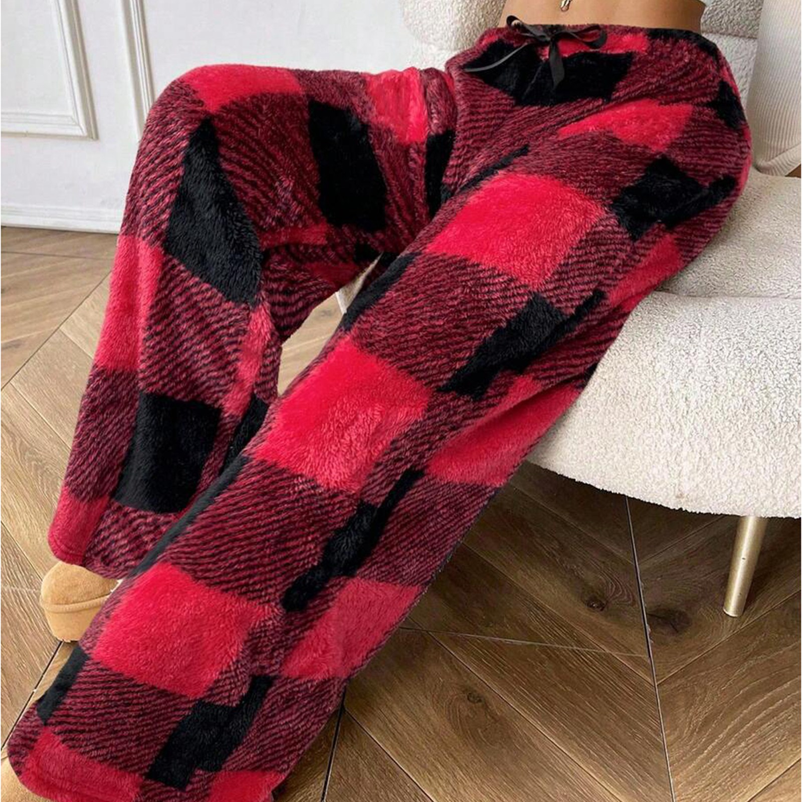 Cyglowse 2026 New Cozy Fluffy Pajama Pants Women High Waisted Plaid ...