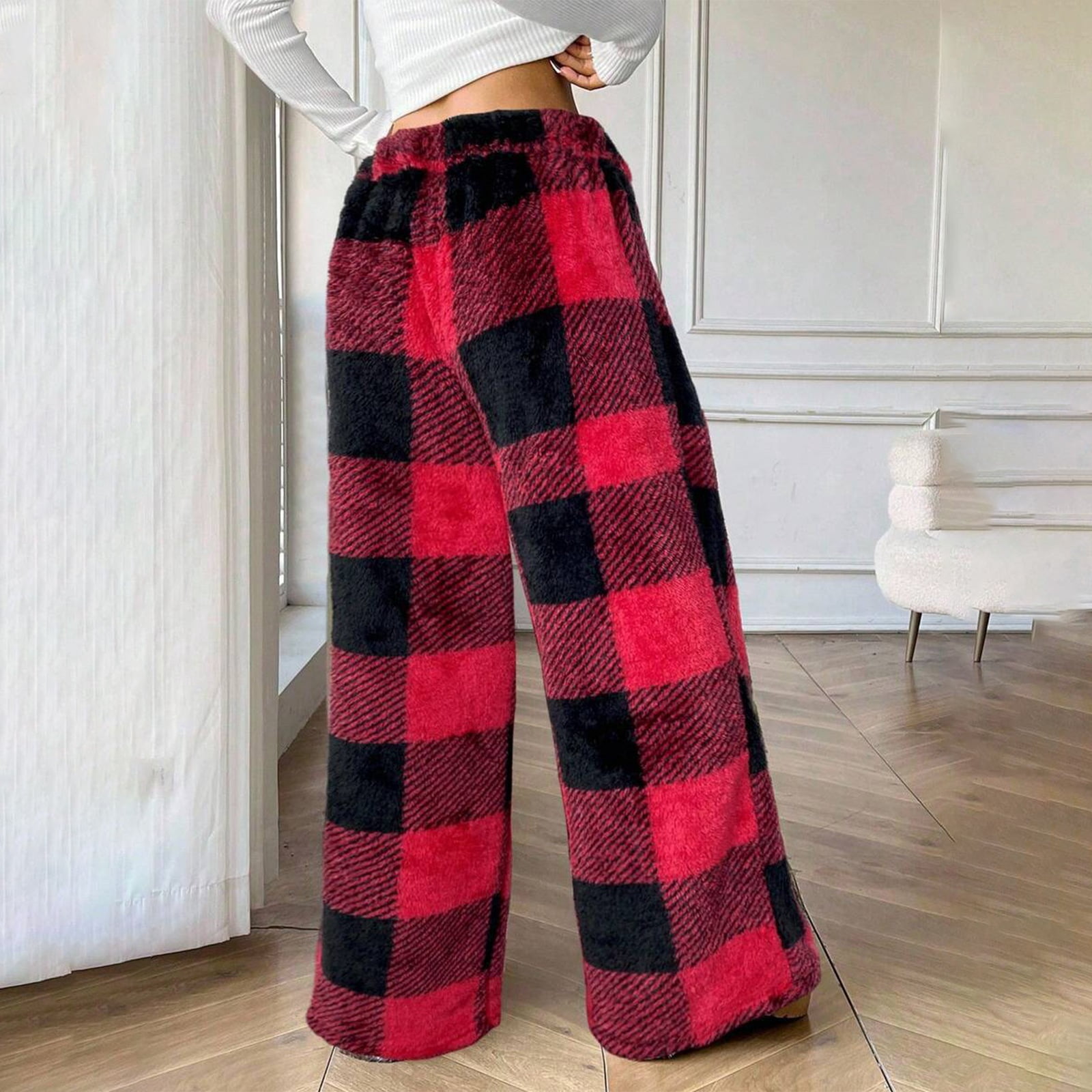 Cyglowse 2026 New Pajama Pants for Women Plaid Fluffy Fleece Lounge ...