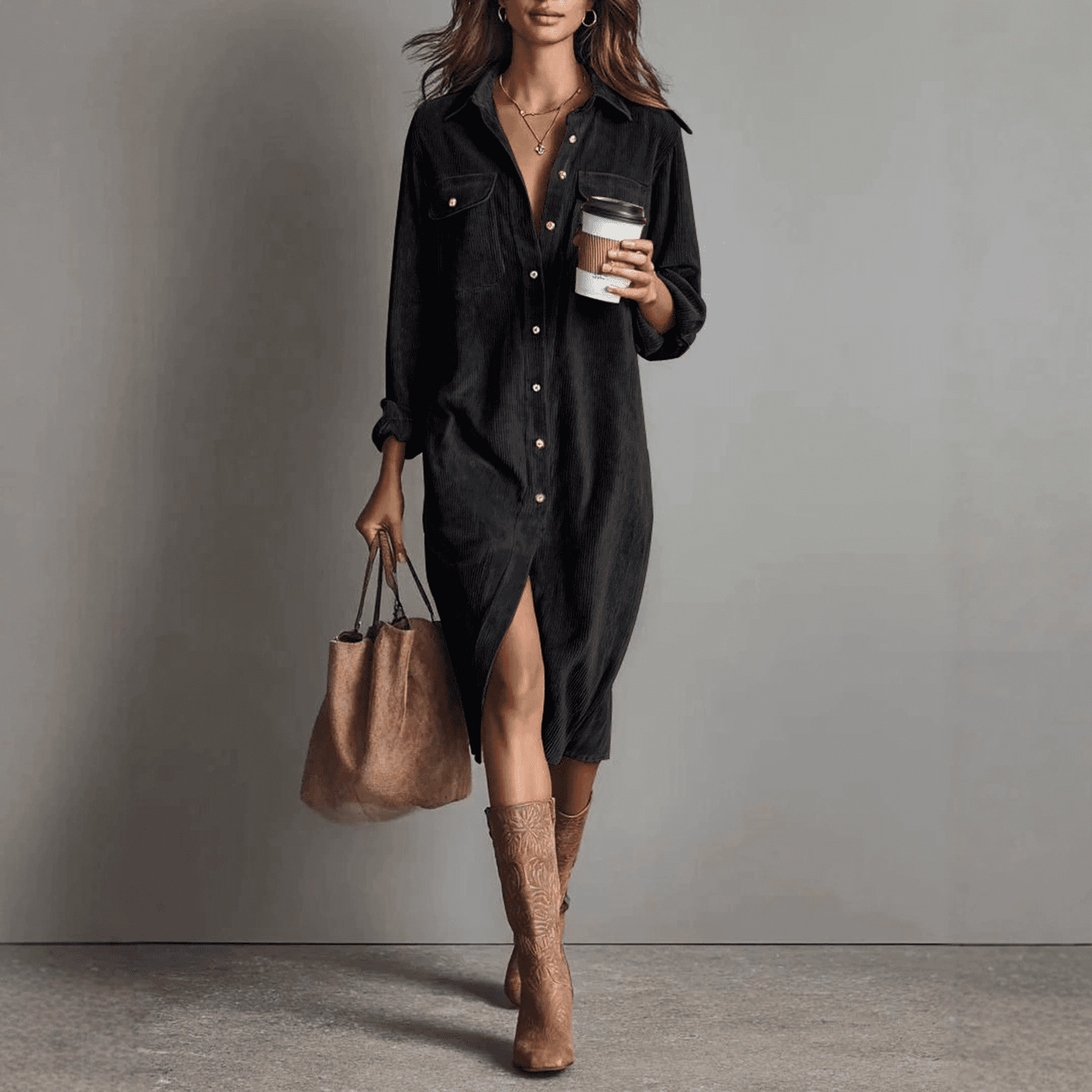 Cyglowse Corduroy Dress Women Midi Fall Vintage Long Sleeve Shirt Dress ...