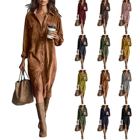Cyglowse Corduroy Dress for Women Fall Lapel Fall Corduroy Midi Dresses ...