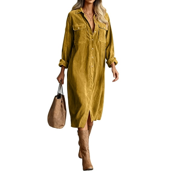 Cyglowse Corduroy Dress for Women Fall Lapel Fall Corduroy Midi Dresses ...