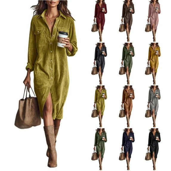 Cyglowse Corduroy Dress for Women Fall Lapel Fall Corduroy Midi Dresses ...
