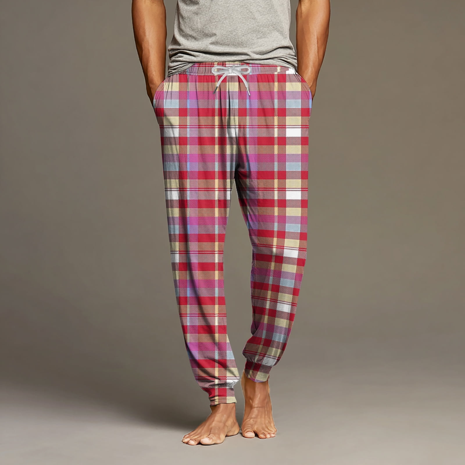 Cyglowse Men's Cute Pajamas Pants Plaid Printed Pants Drawstring ...