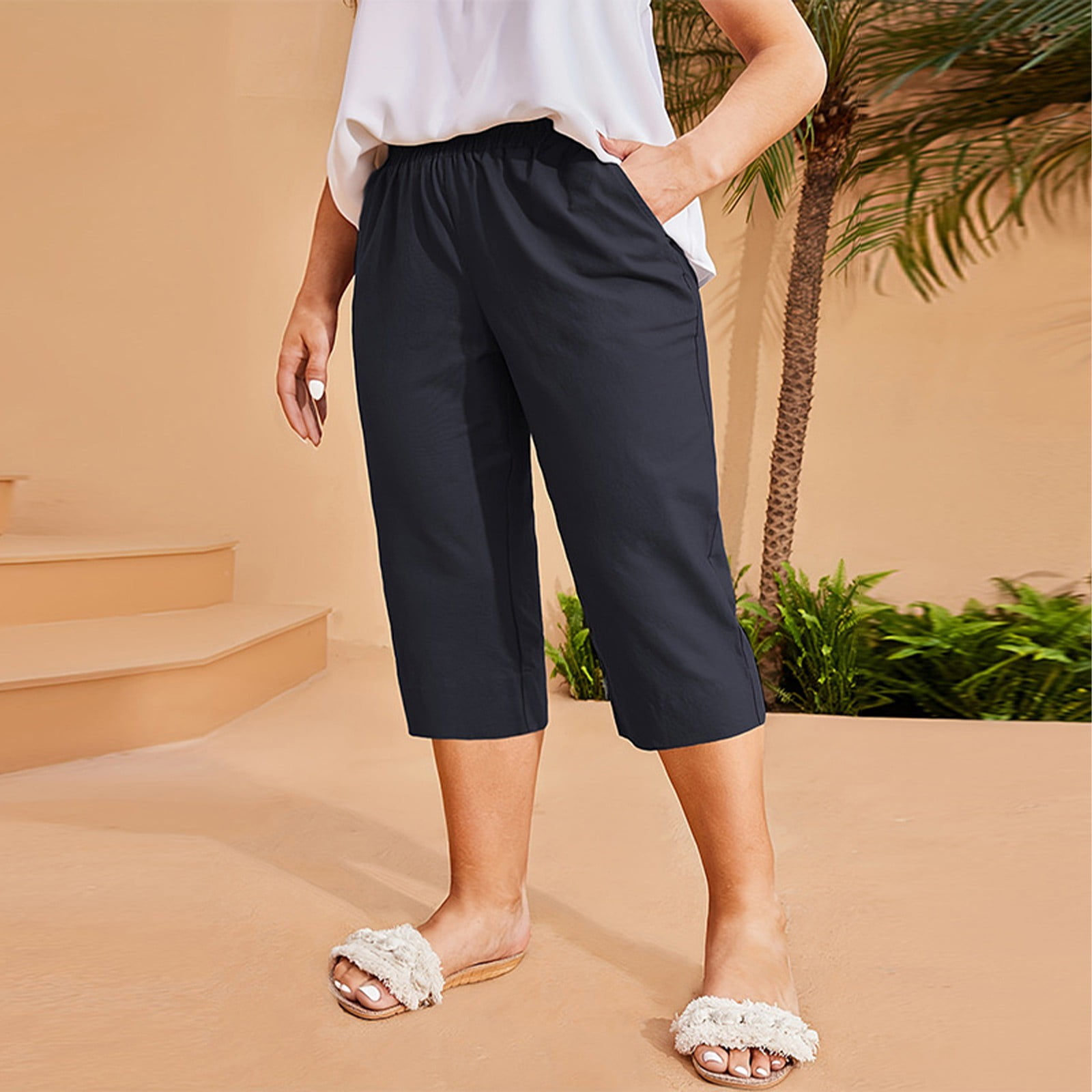 Cyglowse Pull on Capris for Women Plus Size Dress Capris Pajama Capris ...