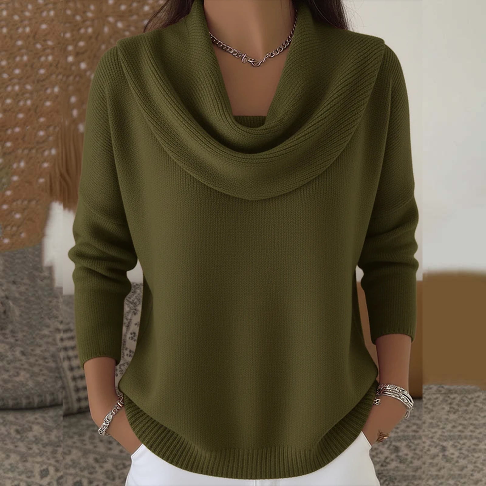 Cyglowse Women's 2025 Fall Cowl Neck Sweater Long Sleeve Knit Pullover Top Soft Drape V-Neck ...