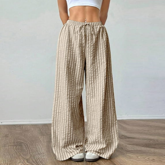Cyglowse Women's Striped Wide Leg Casual Pants Oversized Drawstring Waist Baggy Trousers Brown ...
