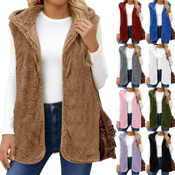 Cyglowse Womens Fuzzy Fleece Sherpa Vest Sleeveless Open Front Hooded ...