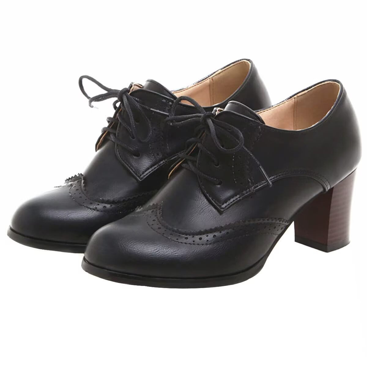 Cyiecw Women's Chunky High Heels Wingtip Oxfords Round Toe Lace Up ...