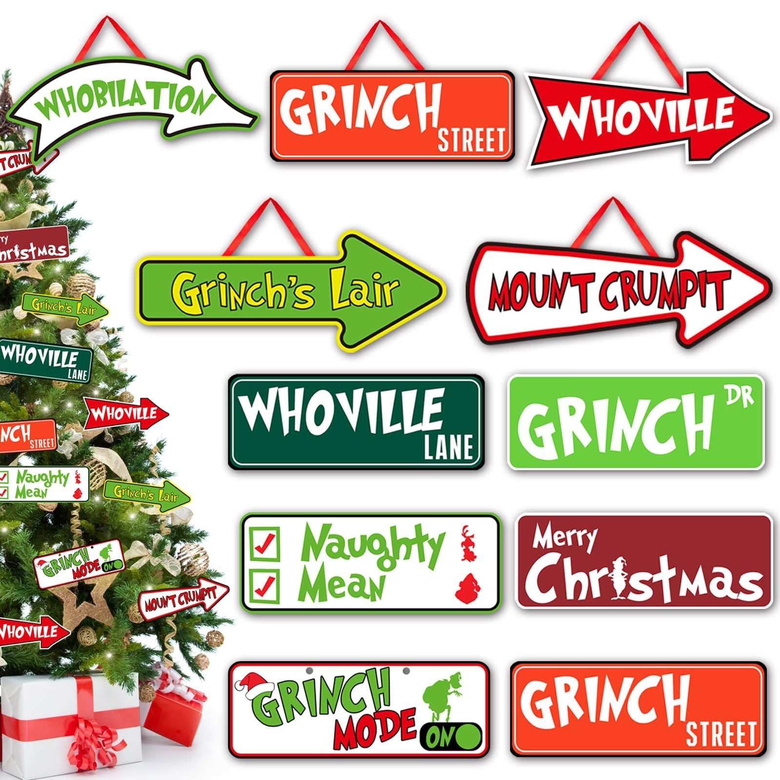 Cyinyin 10 PCS Christmas Tree Decorations, Grinch Xmas Hanging Signpost ...