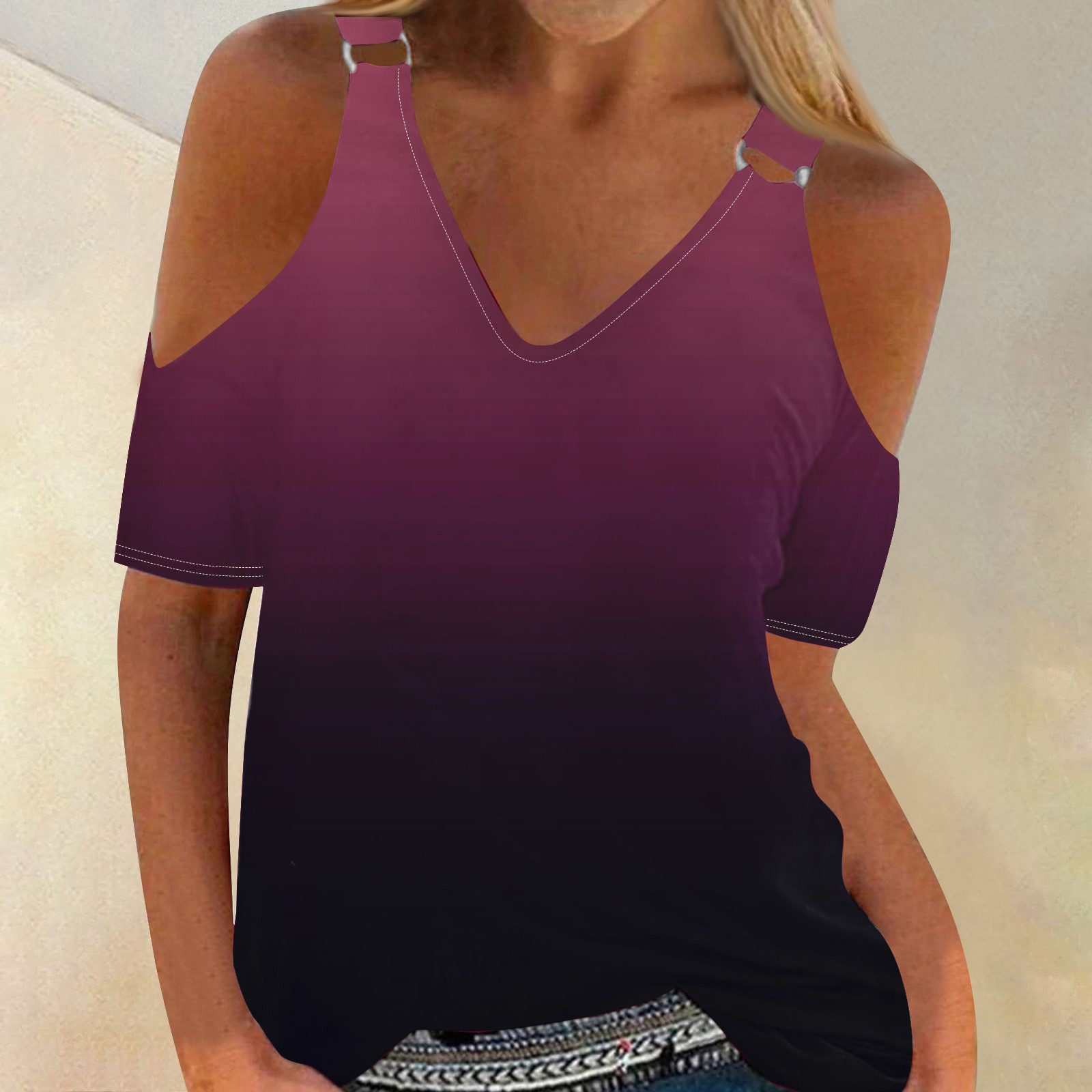 Cyinyin 2024 NEW Light Purple Blouse V Neck Cold Shoulder T-Shirt Plain ...