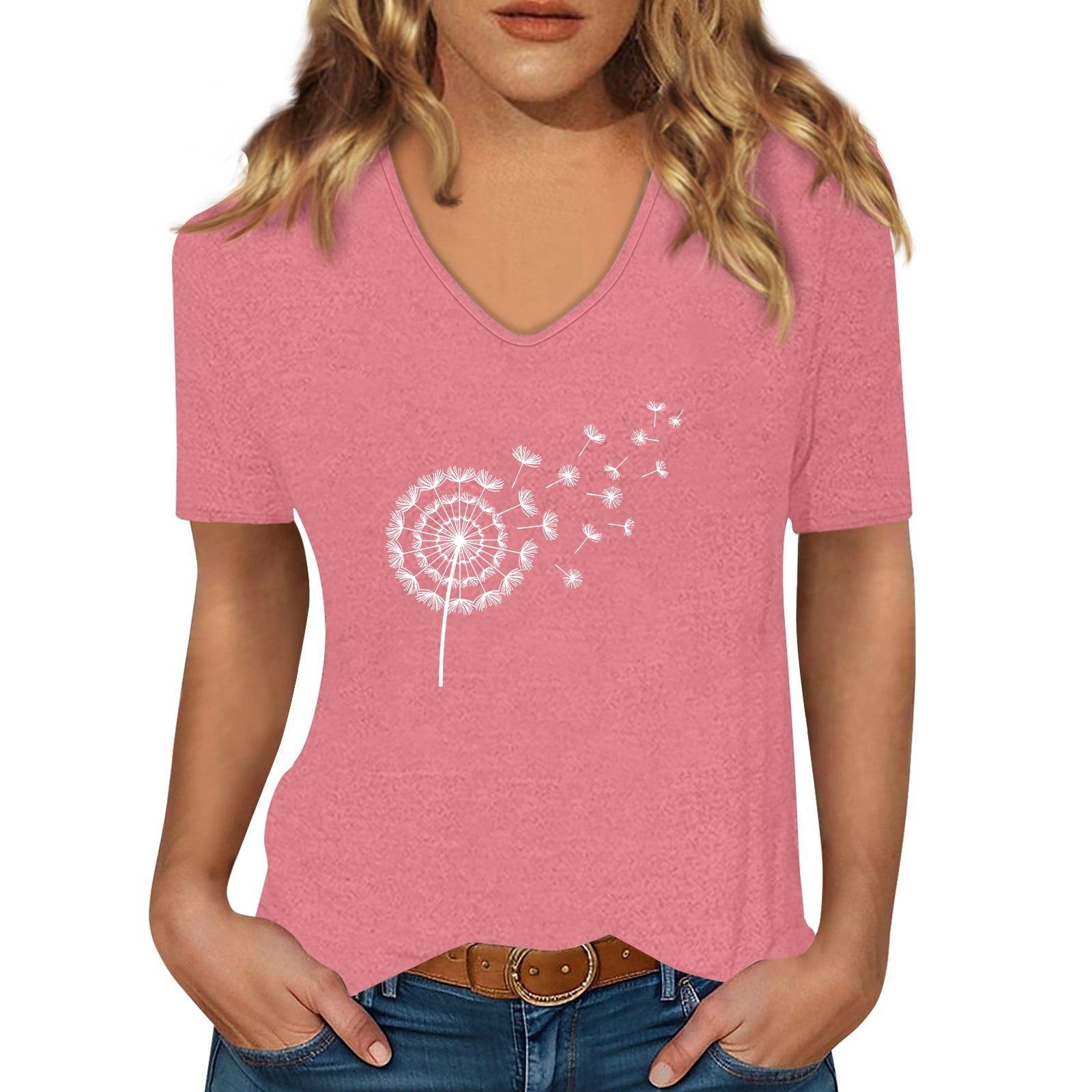 Cyinyin 2024 New Pink Tops Printed T Shirt V Neck Cute For Women Xxxxl