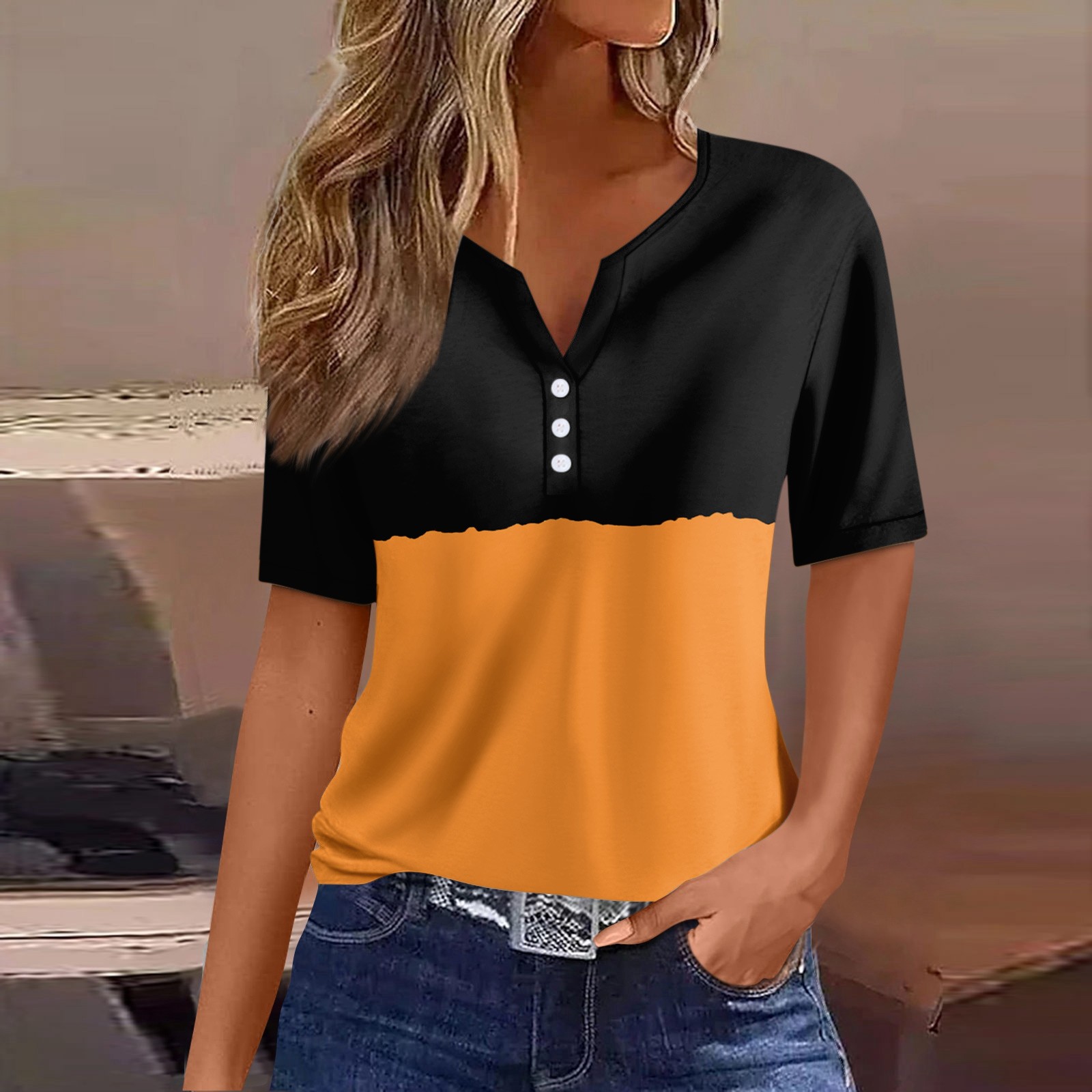 Cyinyin 2024 New Colorblock Orange Short Sleeve Shirts V-neck Fit ...