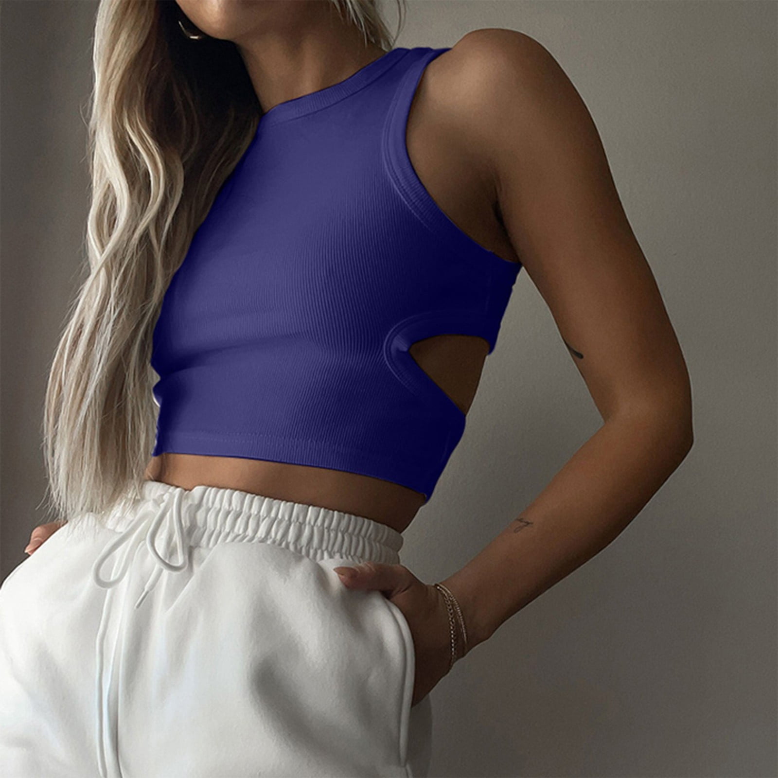 Cyinyin 2024 New Dark Blue Tops Roundneck Tank Tops Open Back Plain ...