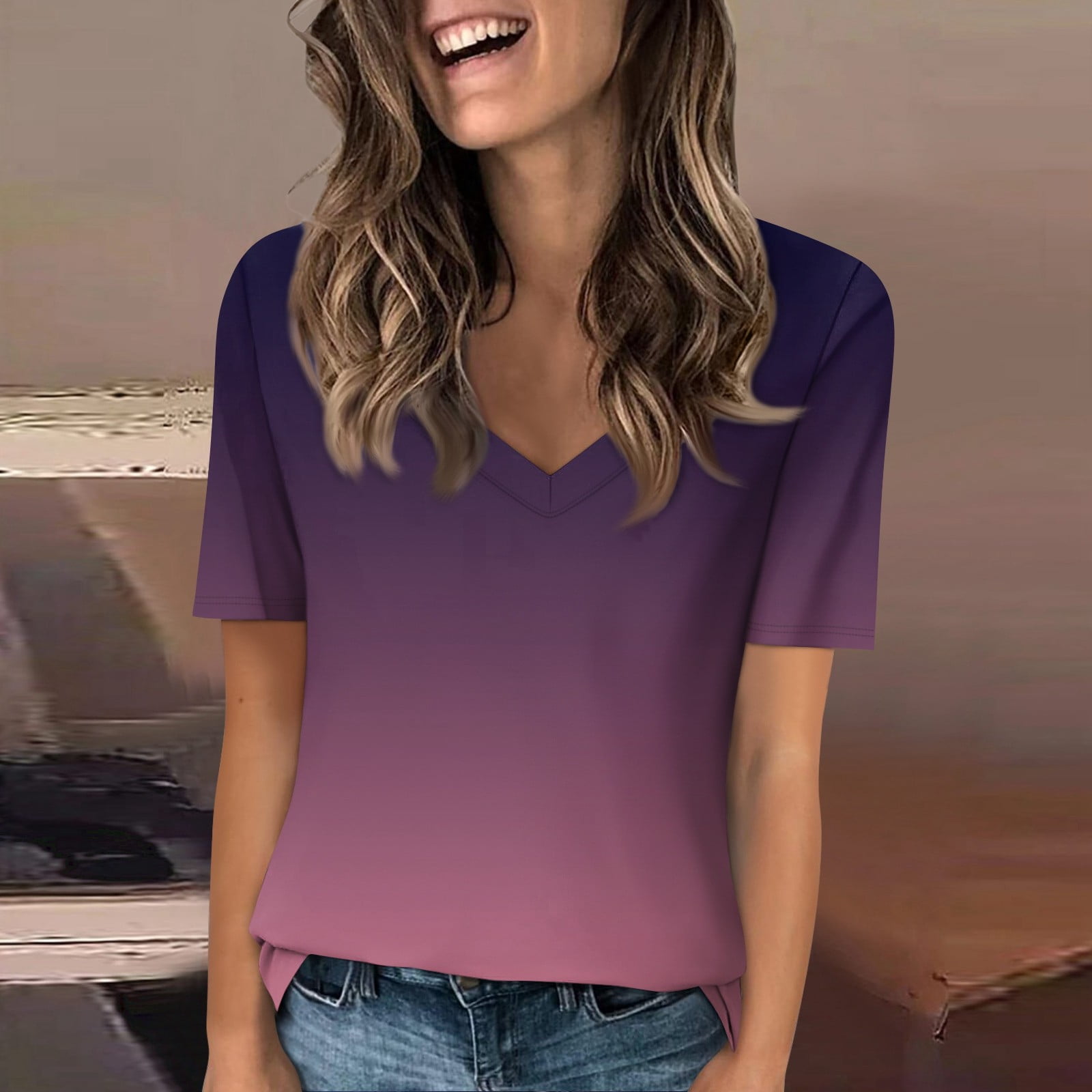 Cyinyin 2024 New Fashion Purple Womens Blouses , Womens Gradient Short ...