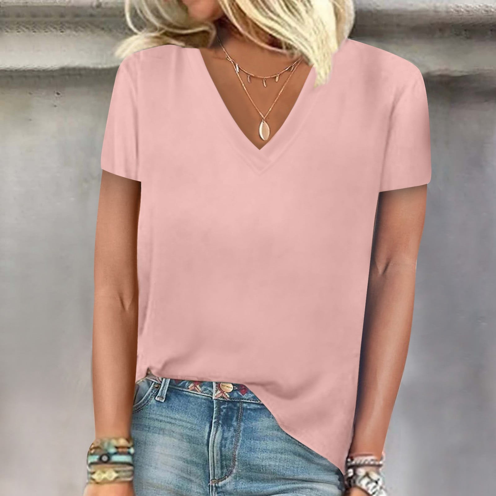 Cyinyin 2024 New Pink Basic Shirt Plain T-shirt Short Sleeve V neck M ...