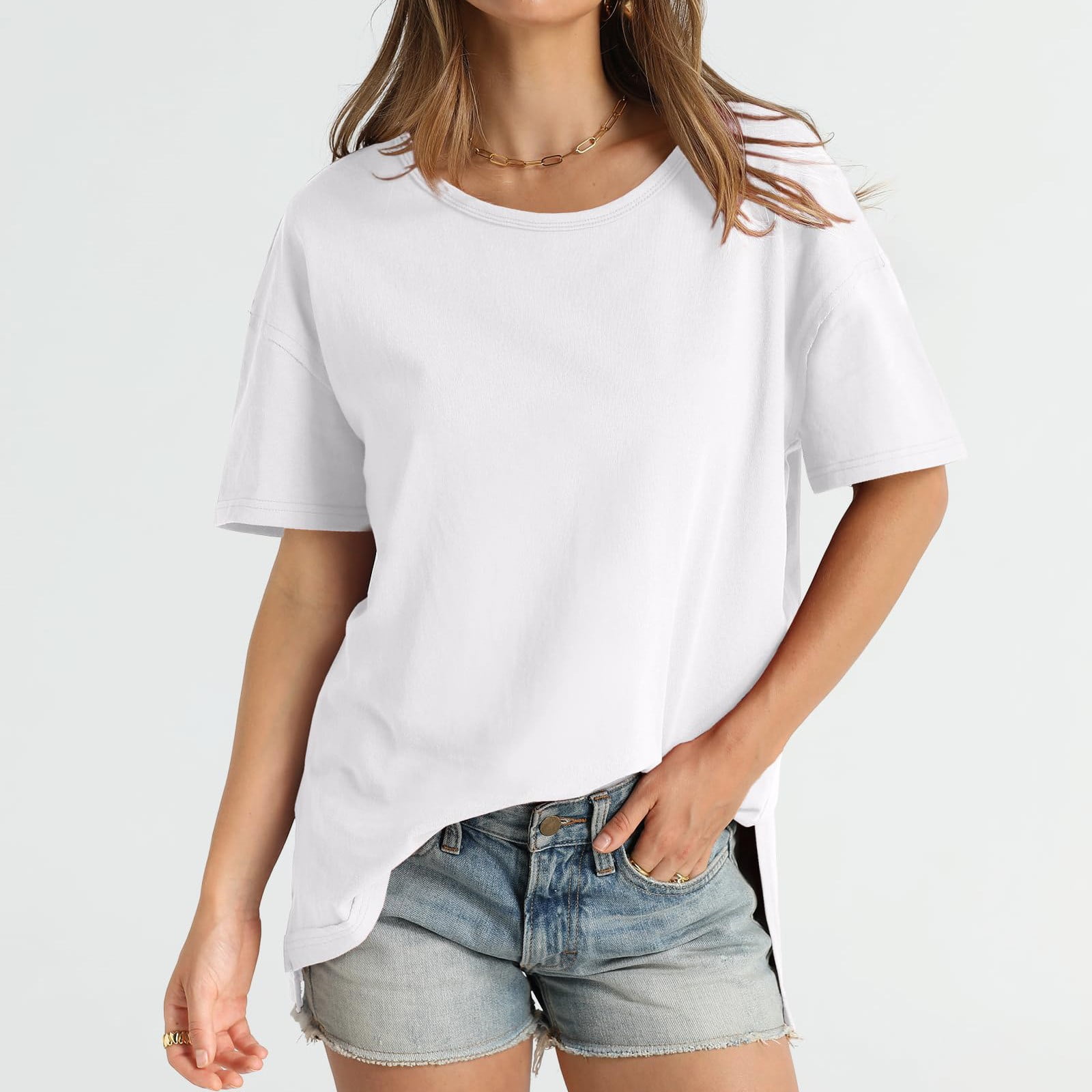 Cyinyin 2024 New White Shirts Side slit Roundneck Plain Short Sleeve T ...