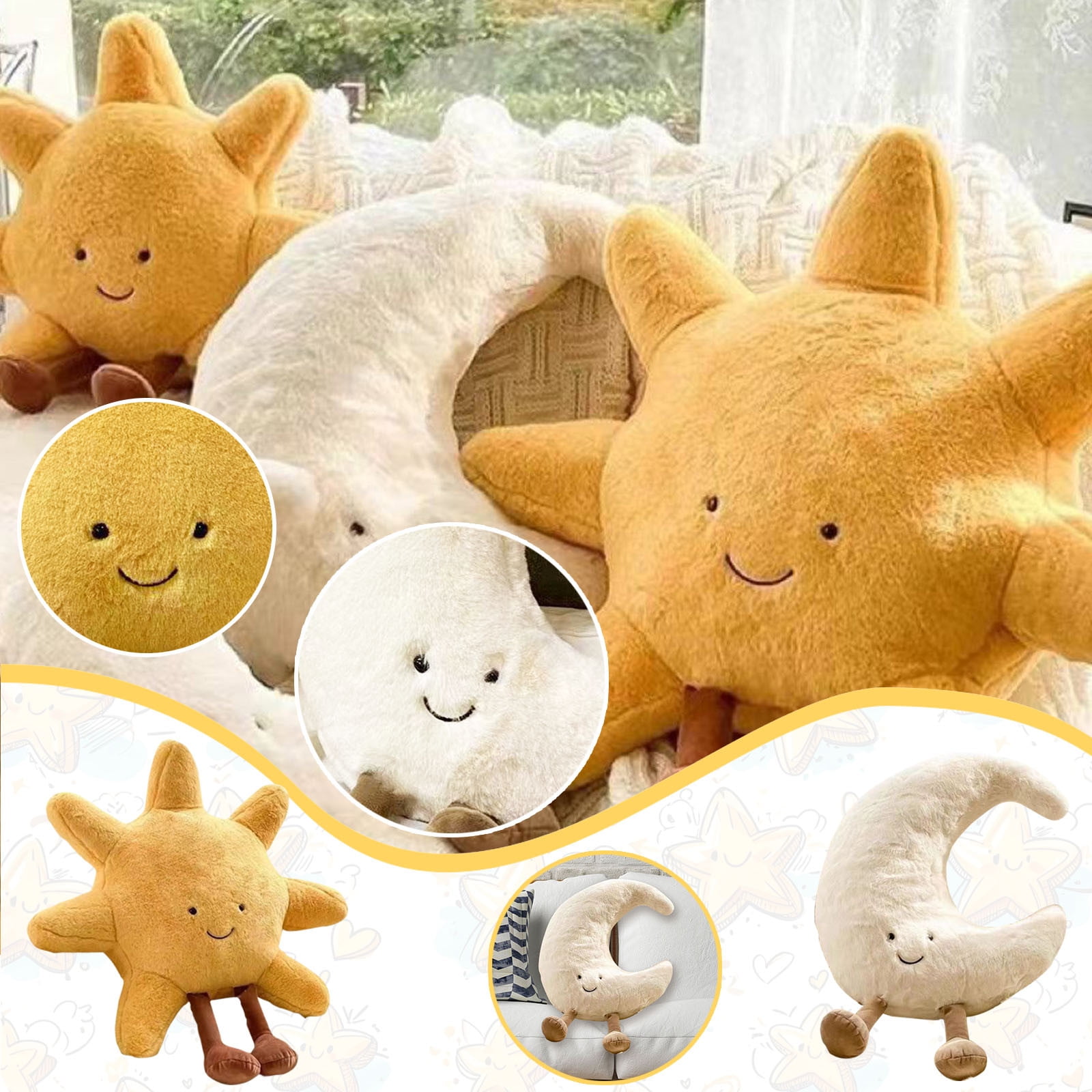 Cyinyin 4 PCS Sun and Moon Plush, Smiling Fun Filled Sun Pillow, Moon ...