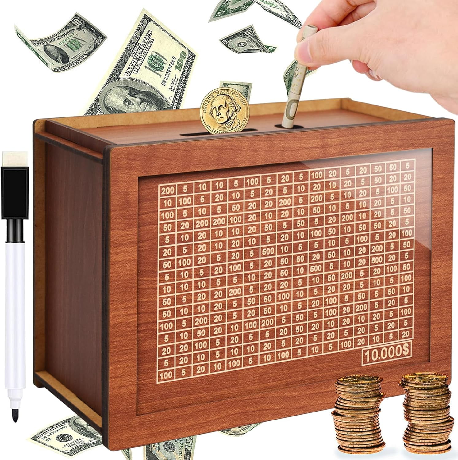 Cyinyin 8 INCH $5000 Cash Vault Wooden Savings Box with Pen,2024 New ...