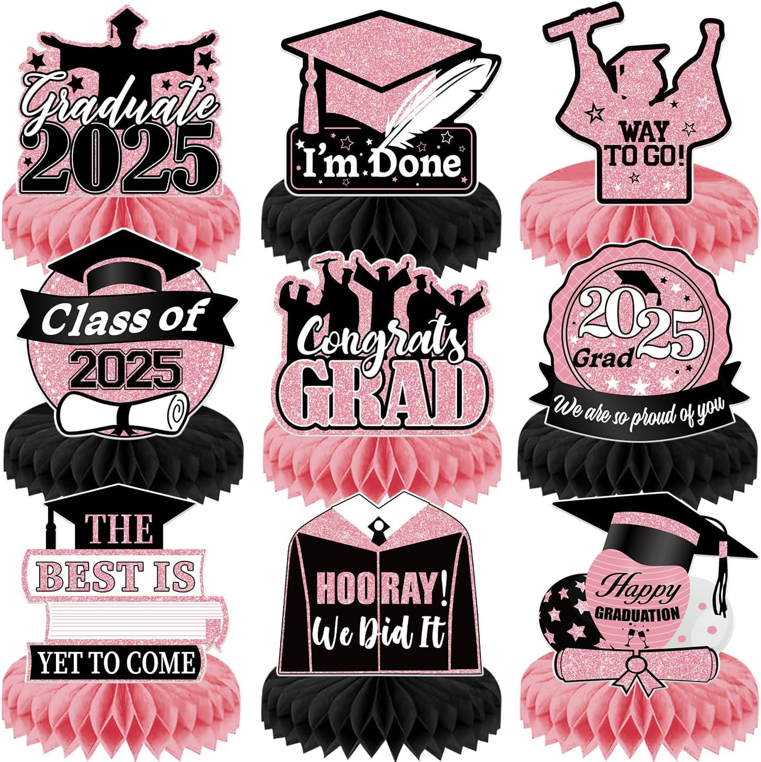 Cyinyin 9 Pcs Pink Graduation Decorations 2025, Class of 2025 Honeycomb ...