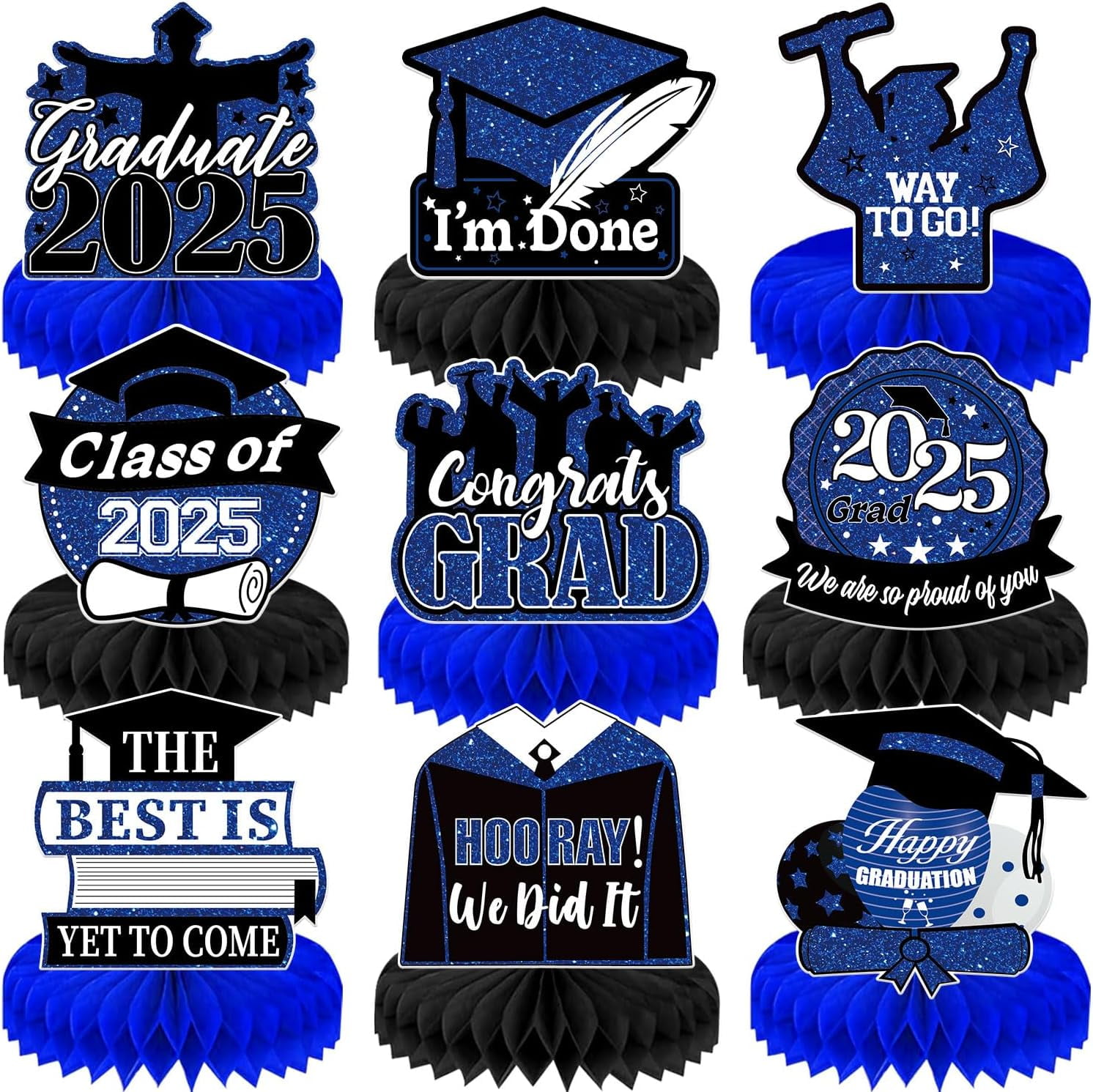 Cyinyin 9Pcs Blue Graduation Decorations 2025, Class of 2025 Honeycomb ...