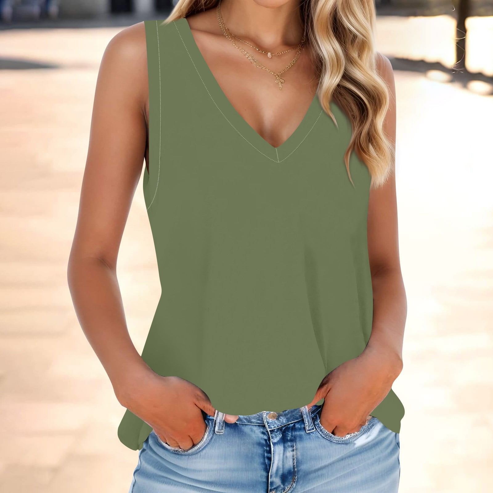 Cyinyin Womens Casual Soild Tops Army Green Basic Off Shoulder Shirts Slim Fit Tank Tops V Neck ...