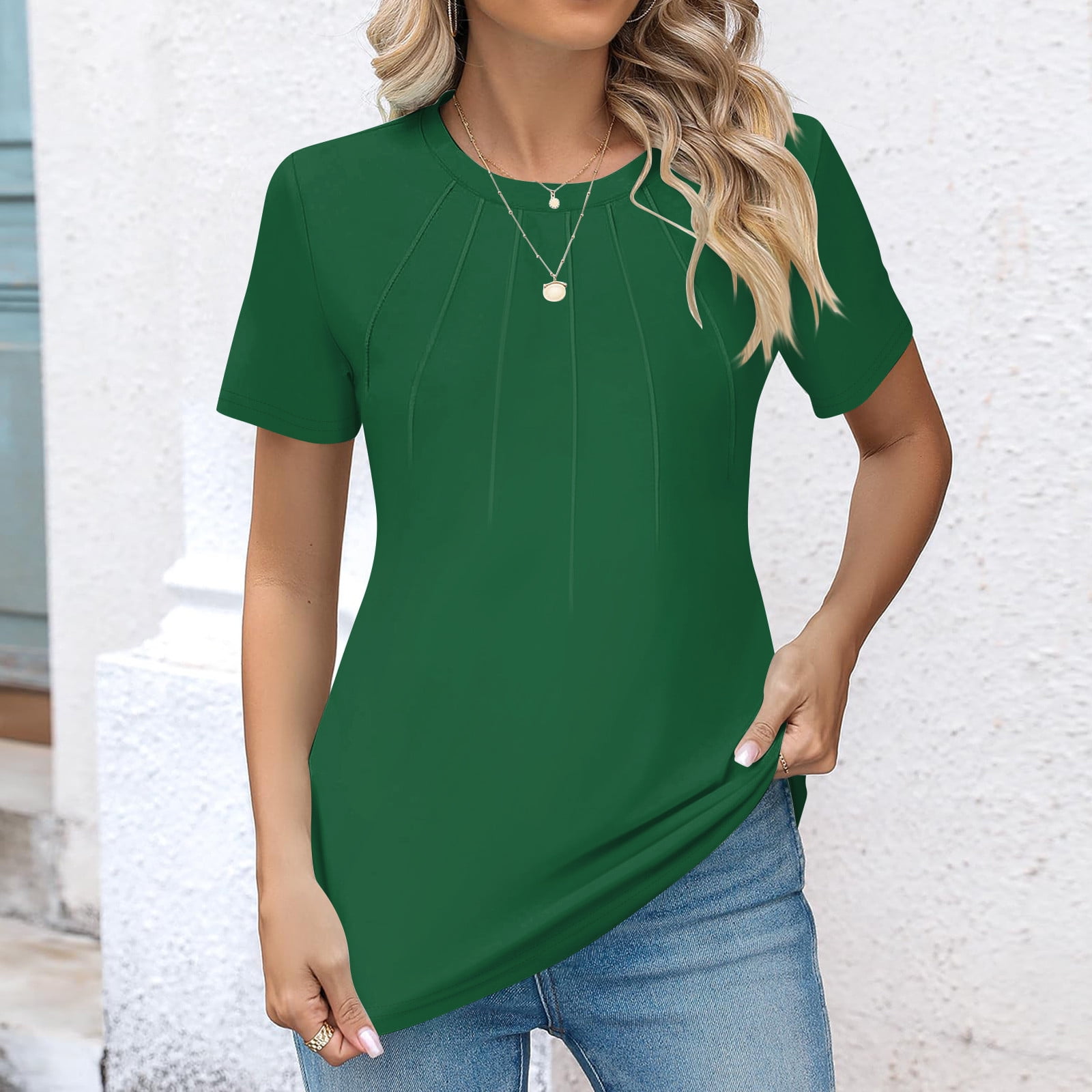Cyinyin Womens Soild Green Short Sleeve Shirts for Women , Round Neck T ...