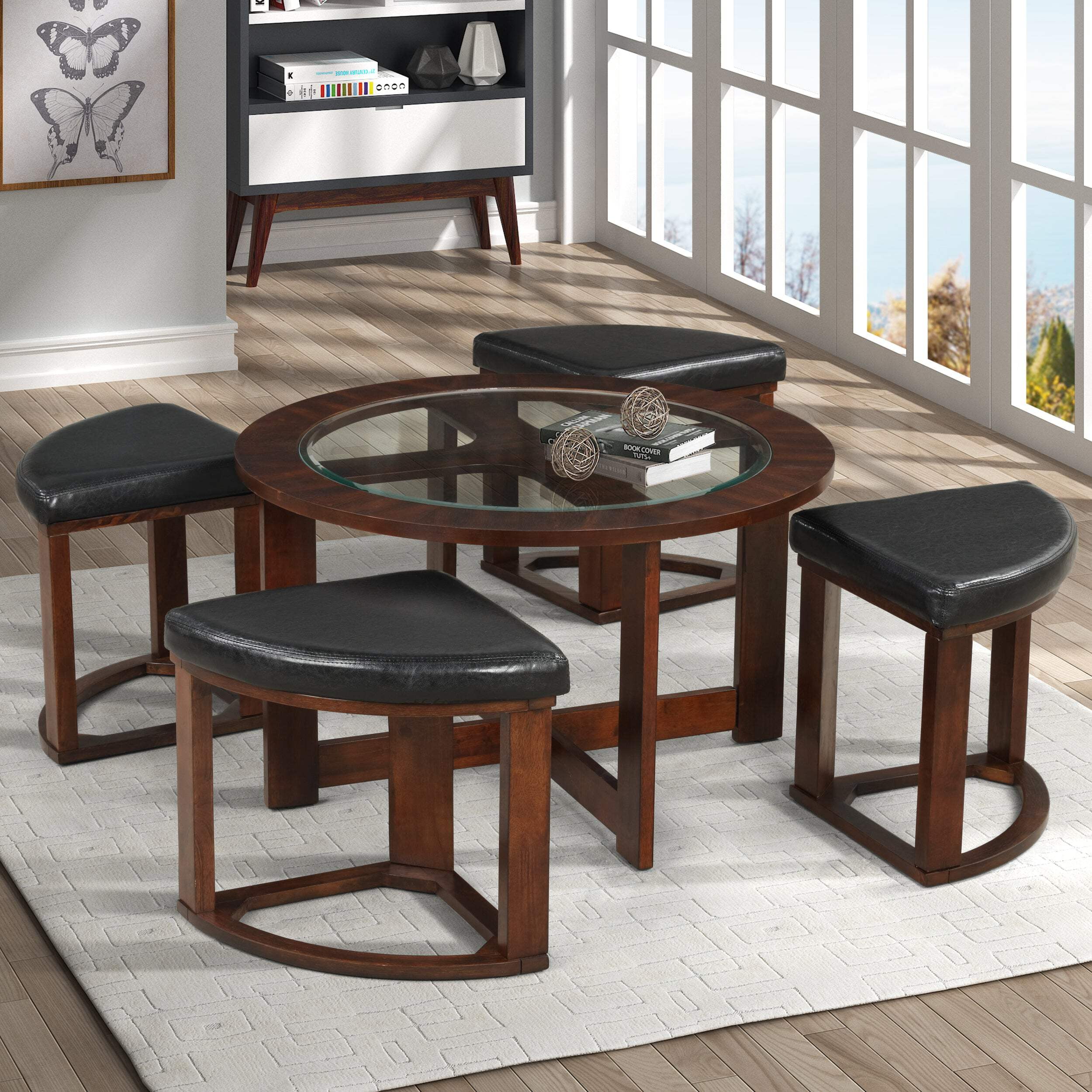 Cylina Solid Wood Glass Top Round Table Set, Coffee Table With 4 Stools ...