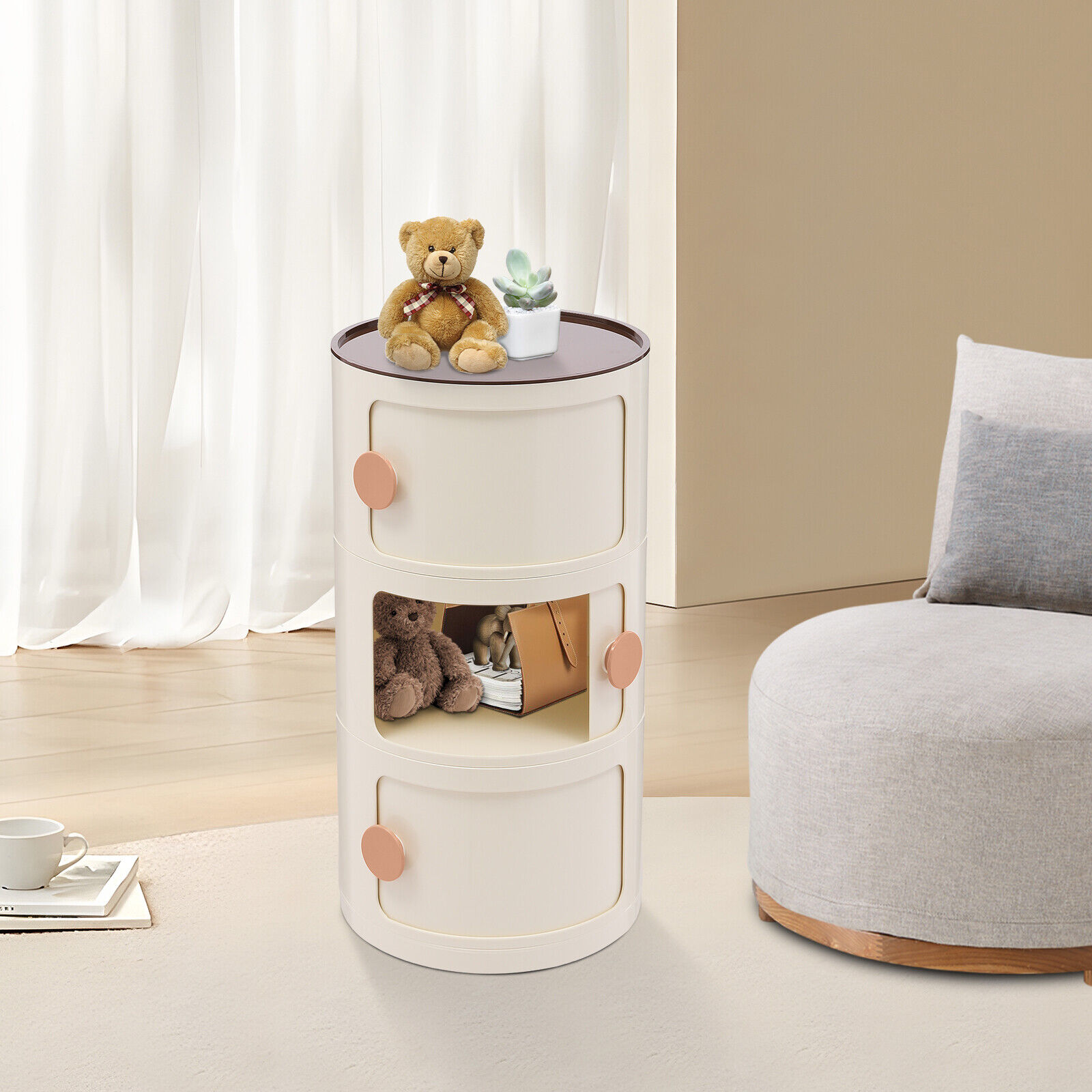 Cylinder 3-tier Bedside Cabinet Bedside Cabinet, Beige Round Storage ...
