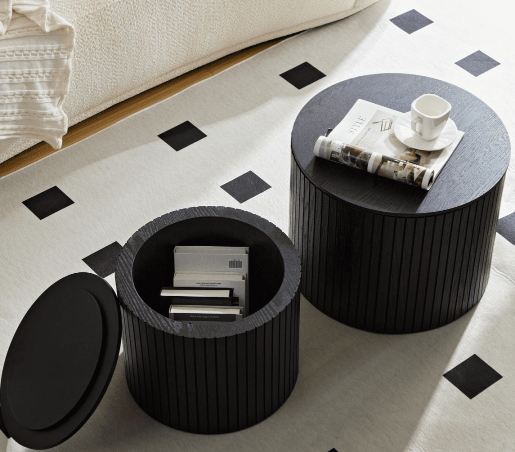 Cylinder Coffee Table Set of 2, Round Wooden Storage End Table Side ...