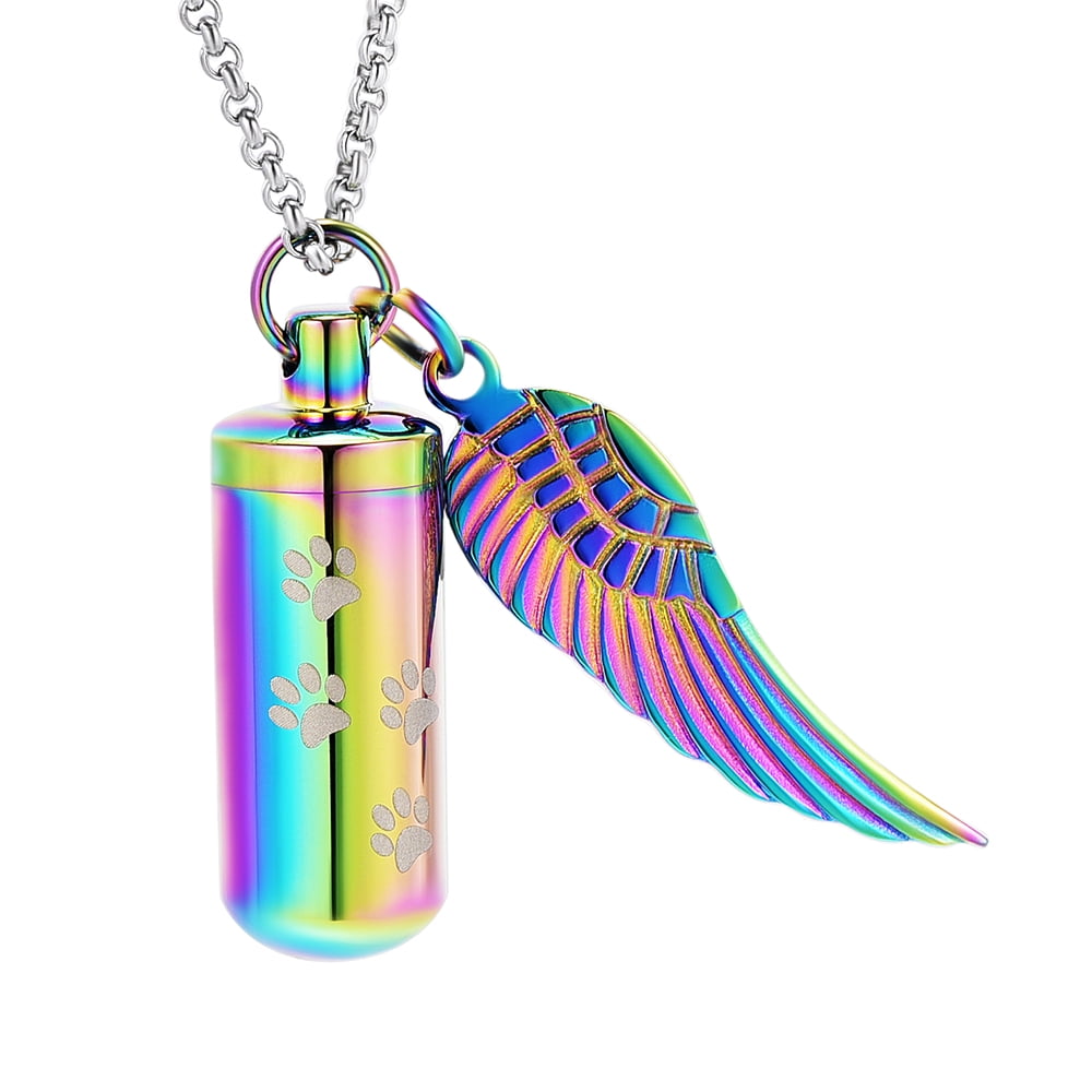 Cylinder Cremation Urn Necklace with Angel Wing Stainless Steel ...
