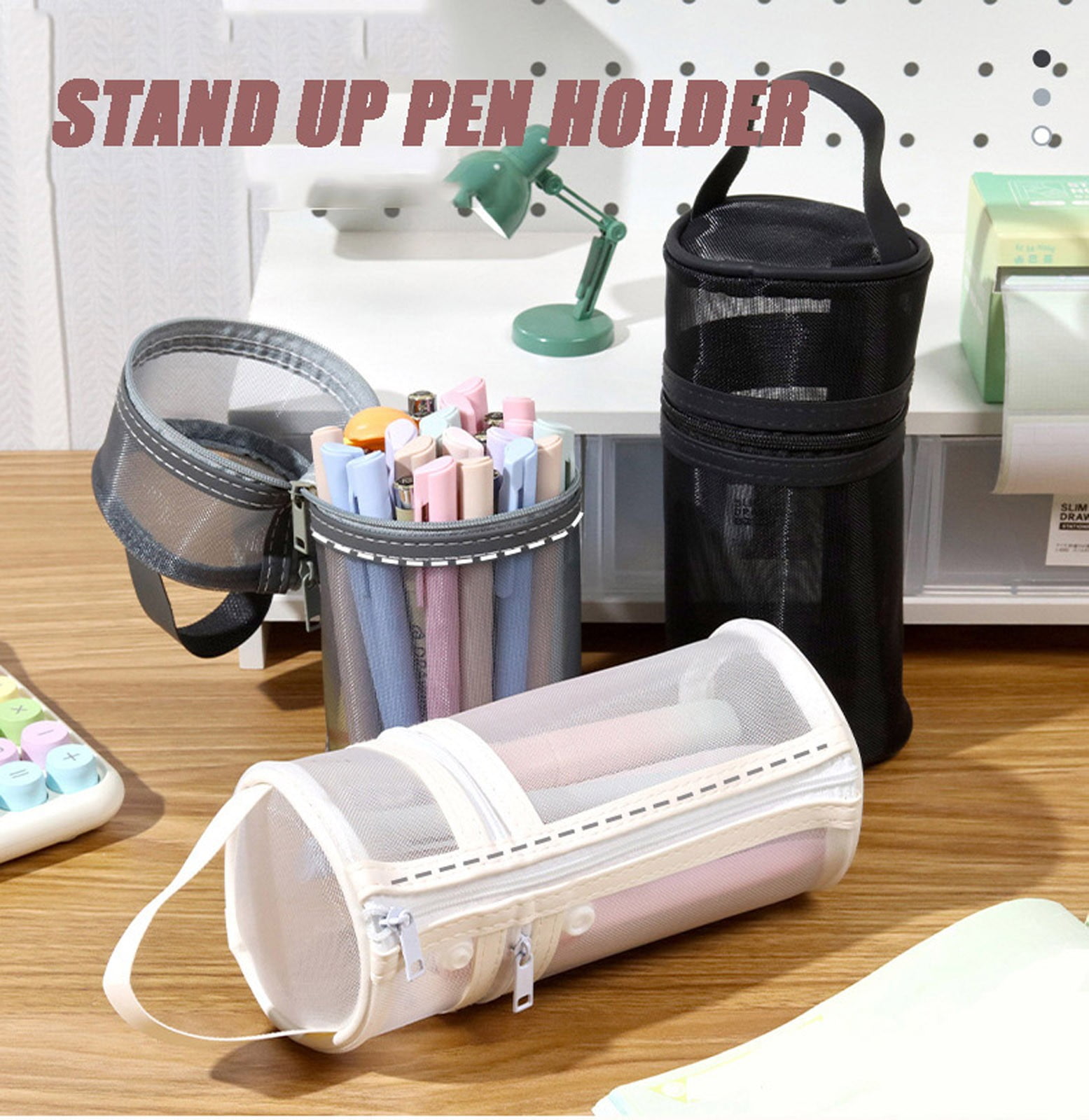 Cylinder Mesh Transparent Pen Holder Stand 7.08x3.58in, Desktop Writing ...