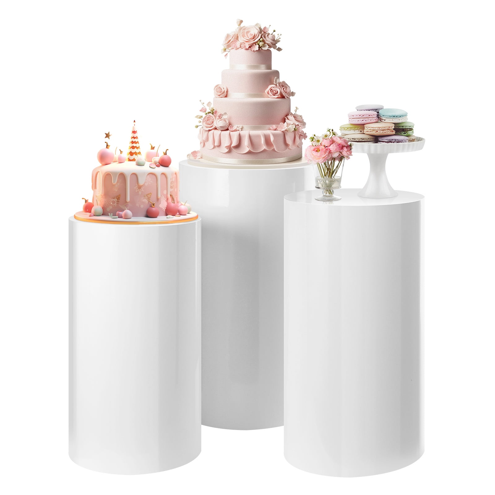 White Pedestal Stand 3pcs/set Large Round Glossy Blue Metal Cylinders ...
