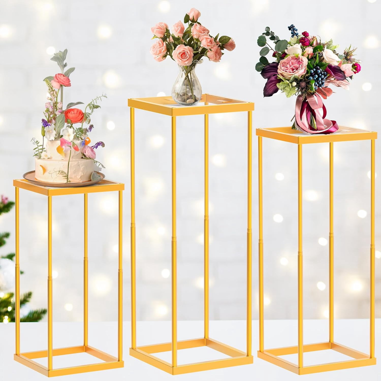 Cylinder Pedestal Stands for Parties, 3Pcs Height Adjustable Gold Metal ...