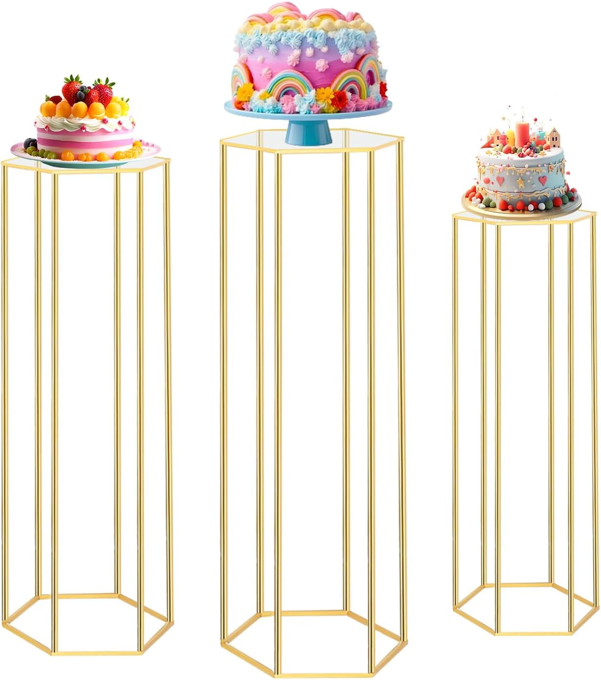 Cylinder Pedestal Stands for Party, 3 PCS Hexagon Gold Metal Plant ...