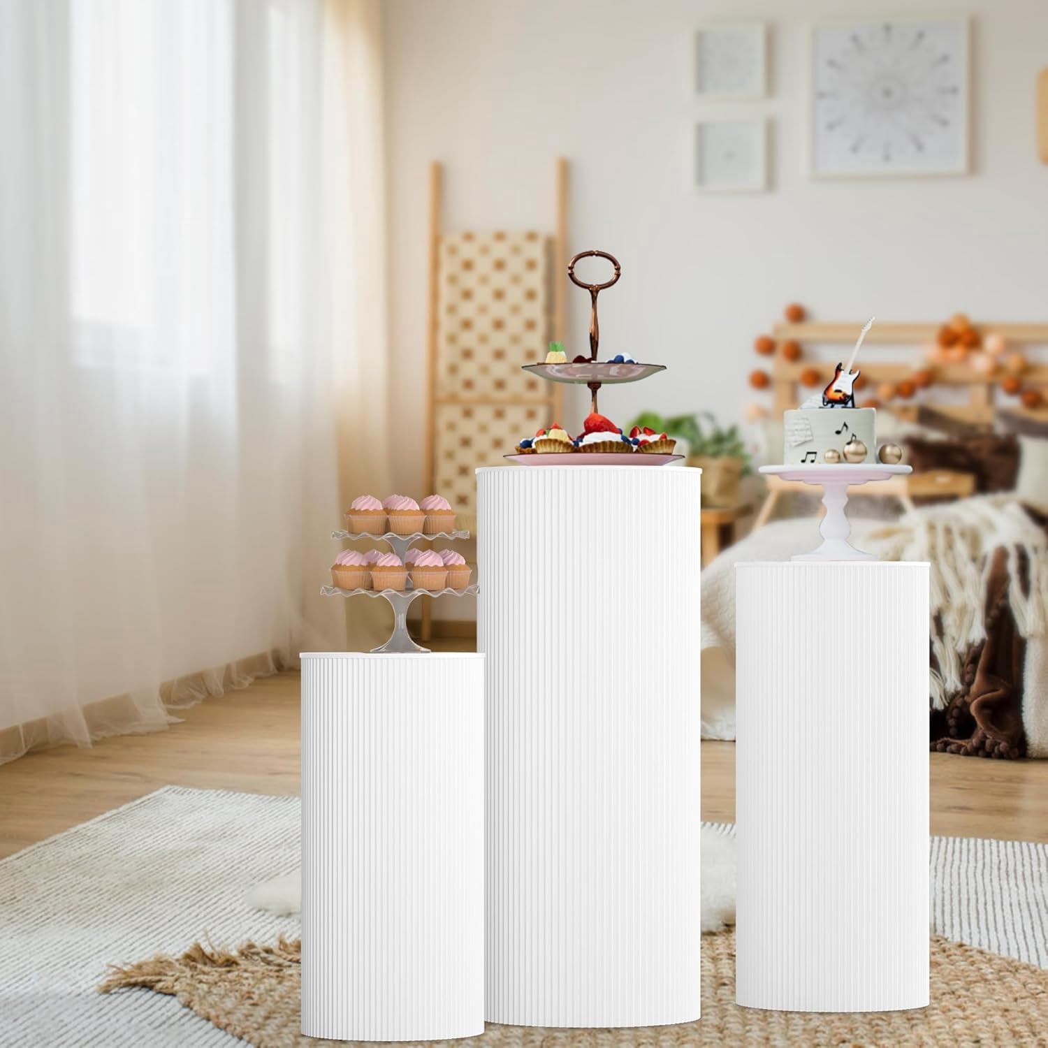 Cylinder Pedestal Stands for Party White 3Pcs Metal Fluted Cylinder ...