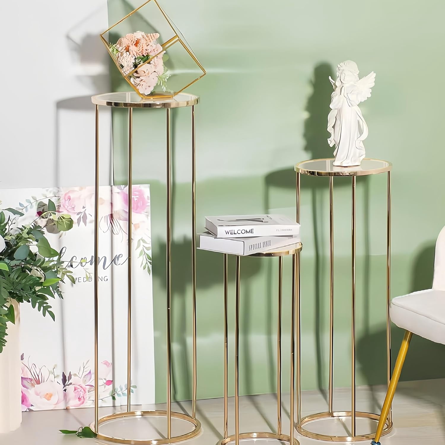Cylinder Stands for Party, 3PCS Elegant Gold Metal Plant Round Pedestal ...