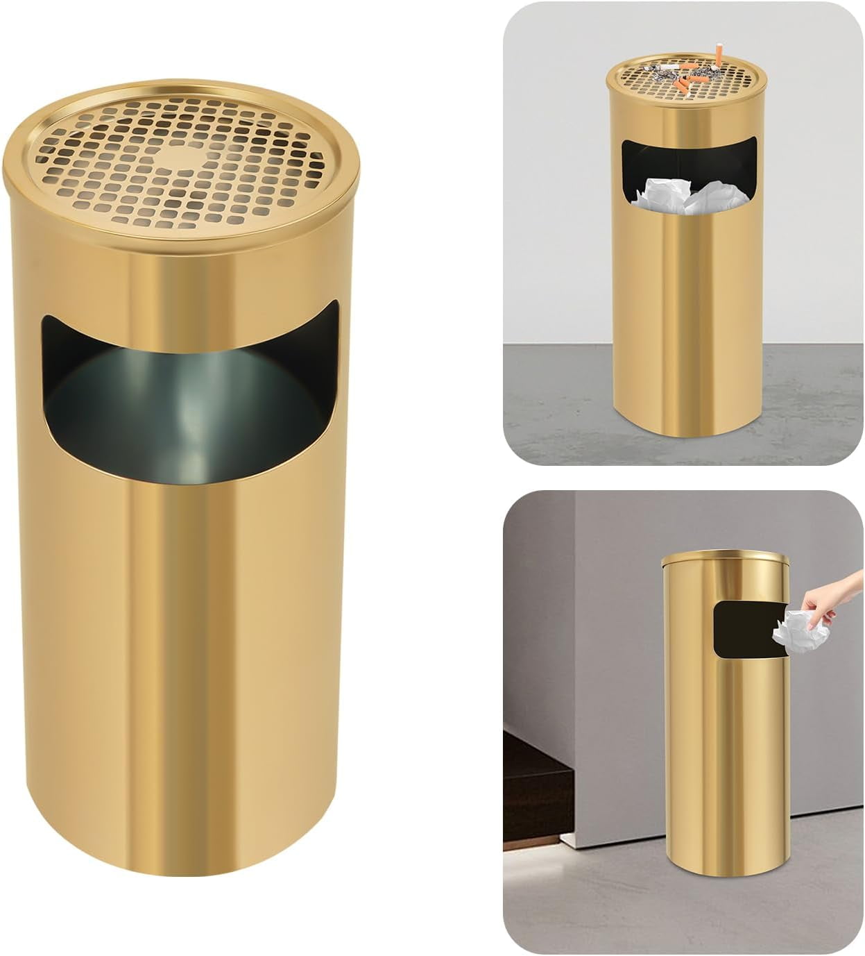 Cylinder Trash Can with Ashtray, 3.3 Gallons Stainless Steel Garbage ...