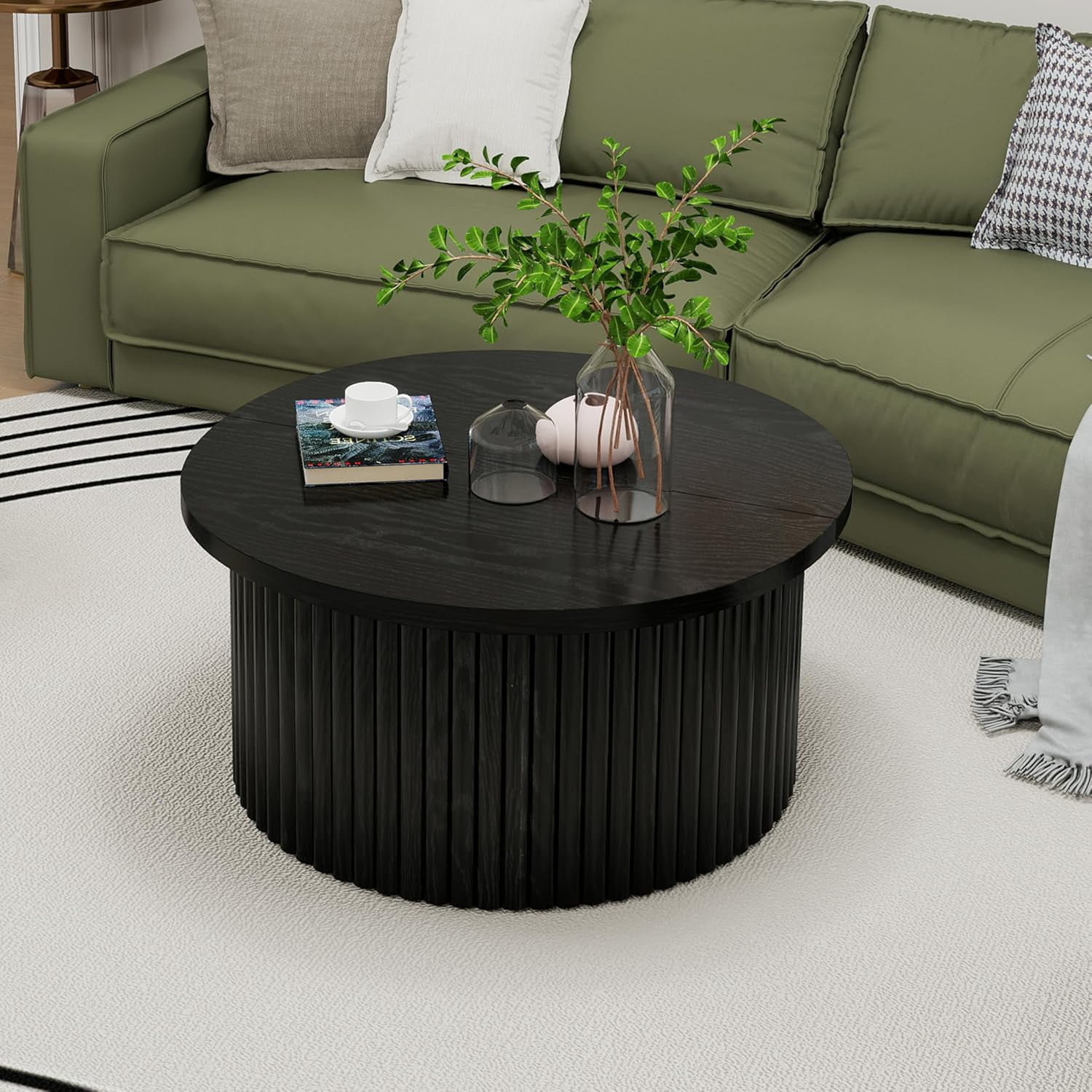 Cylindrical Coffee Table with Storage,Modern Round Center Table,Wooden ...