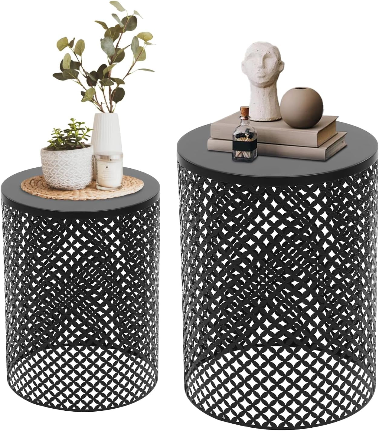 Cylindrical Outdoor Side Tables Set of 2, Metal Frame Accent Table End ...