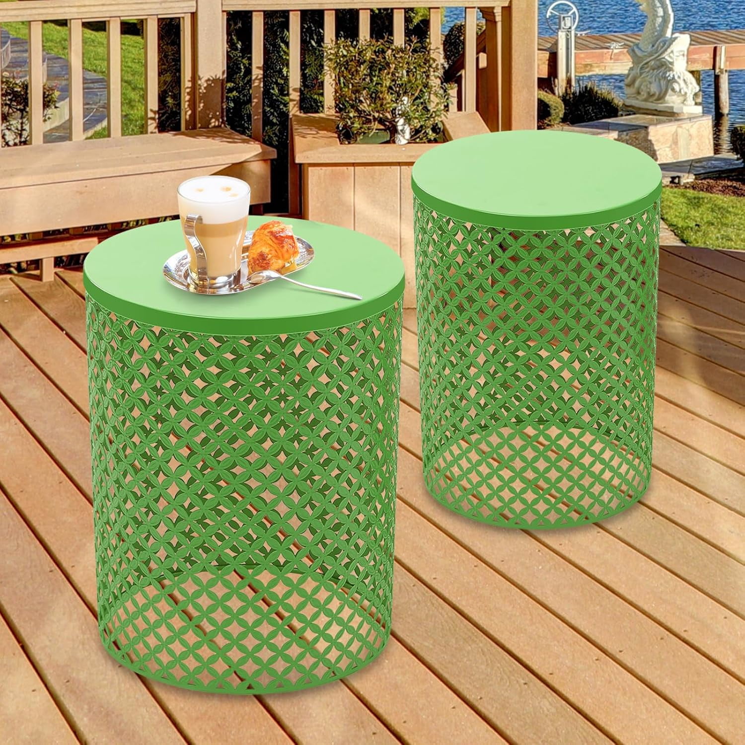 Cylindrical Outdoor Side Tables Set of 2, Metal Frame Accent Table End ...