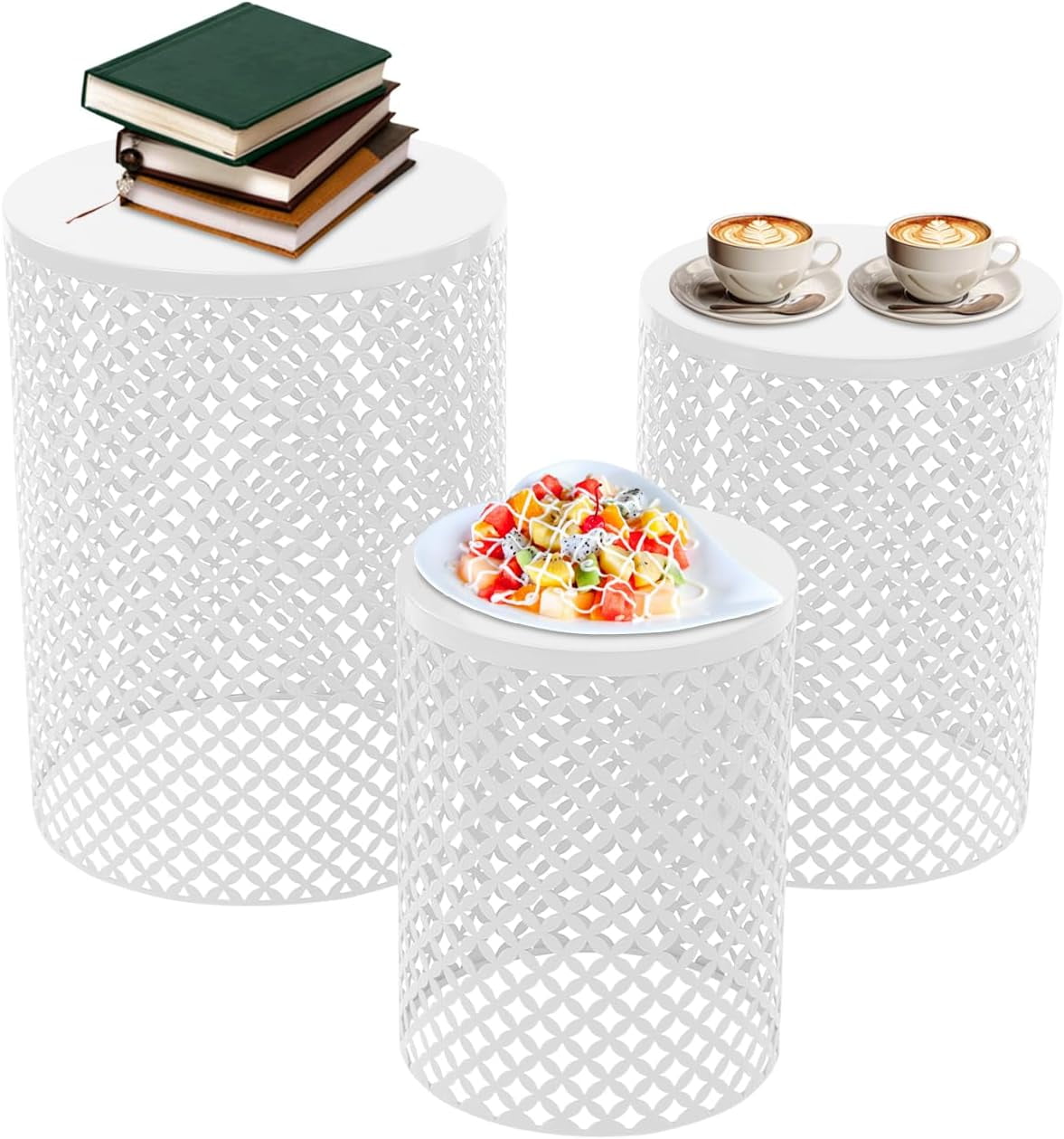 Cylindrical Outdoor Side Tables Set of 3, Metal Frame Accent Table End ...