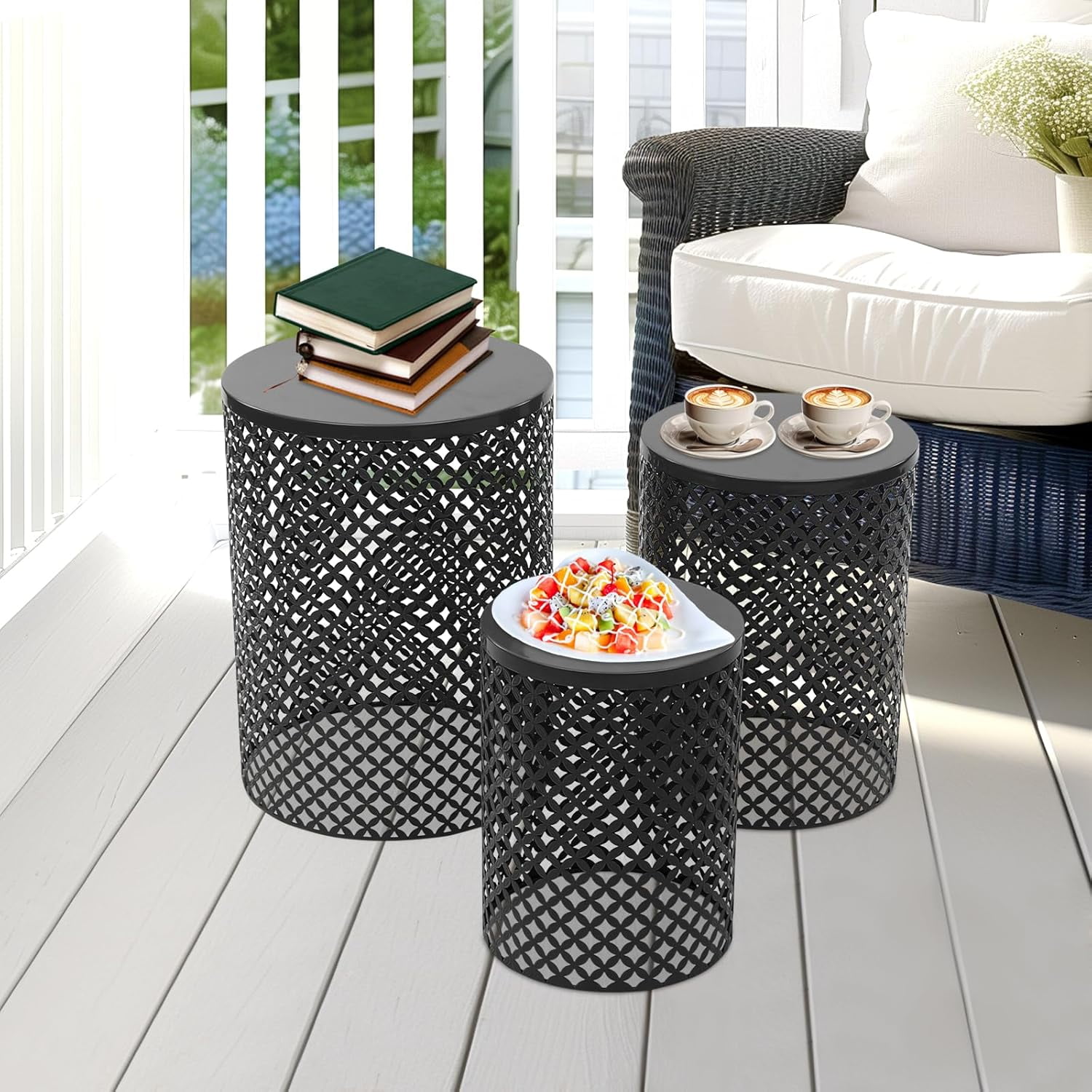 Cylindrical Outdoor Side Tables Set of 3, Metal Frame Accent Table End ...