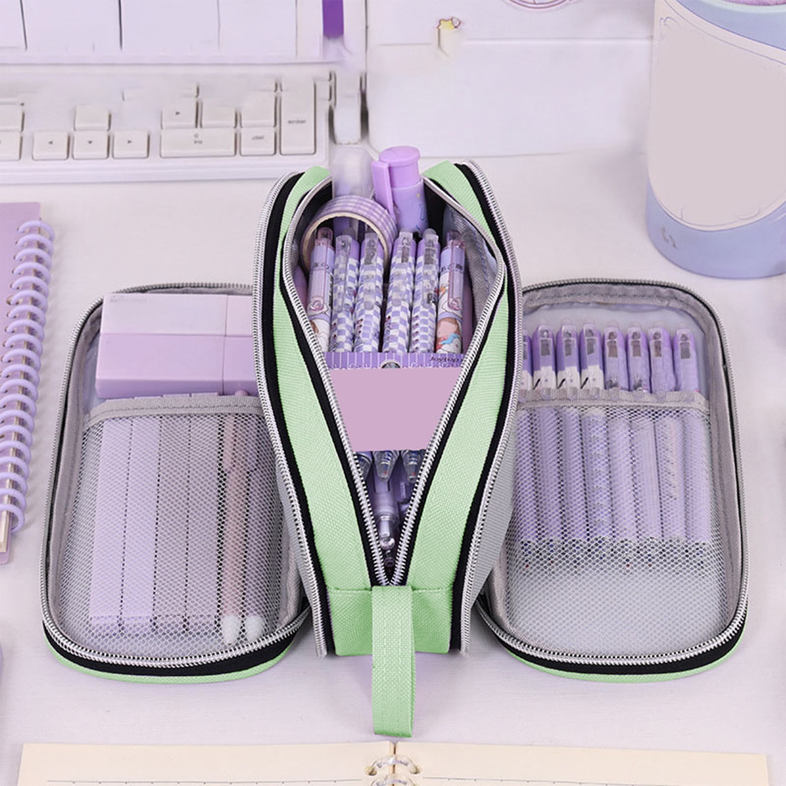 Cylindrical Polyester Pencil Case, 8.07x4.13x3.94in Black/Pink/Beige ...