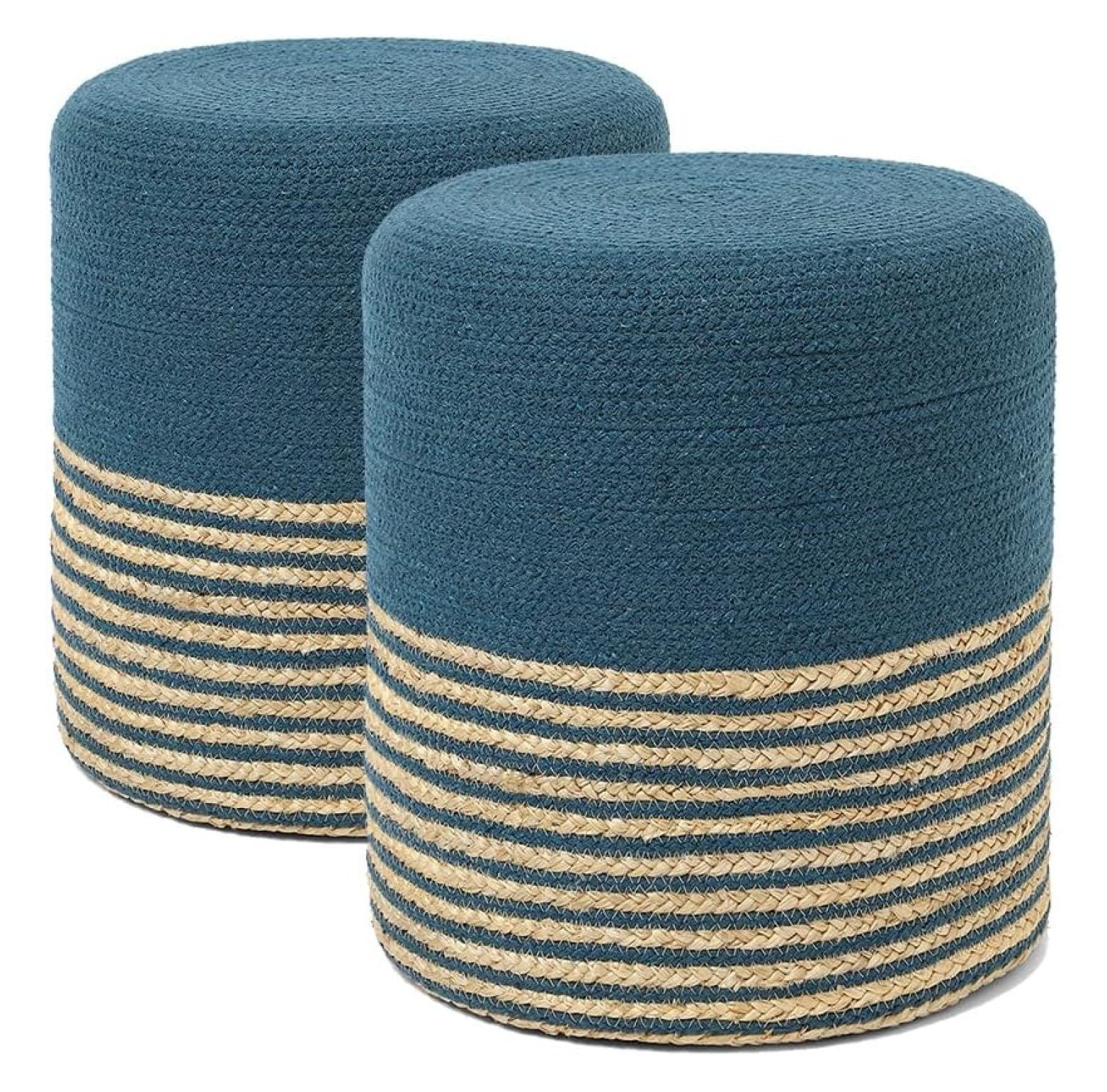 · Cylindrical Pouf Foot Stool Ottoman - Jute Braided Pouffe Poof Accent ...