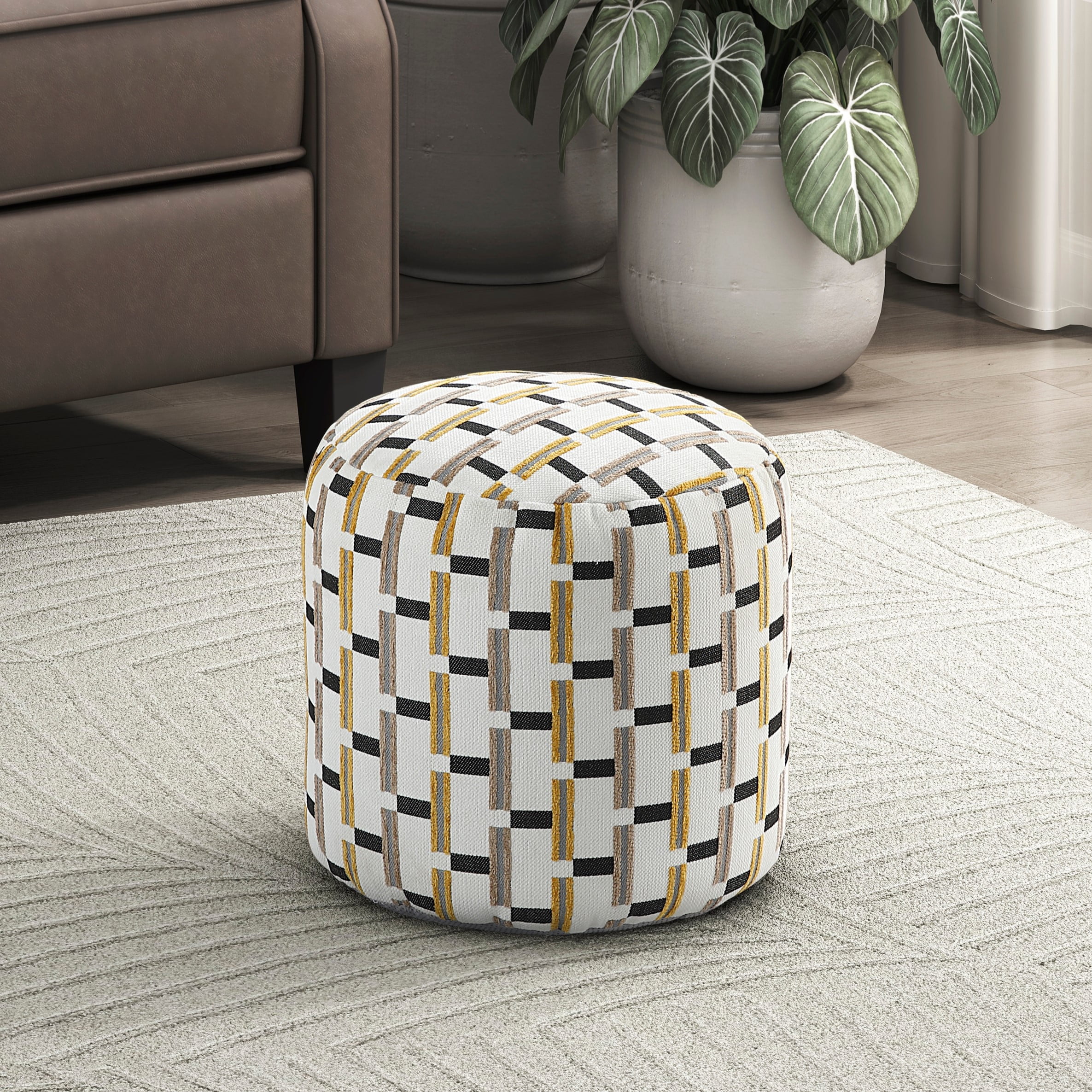 Cylindrical Pouf Multi-Color Jacquard Fabric Upholstery Modern Ottoman ...