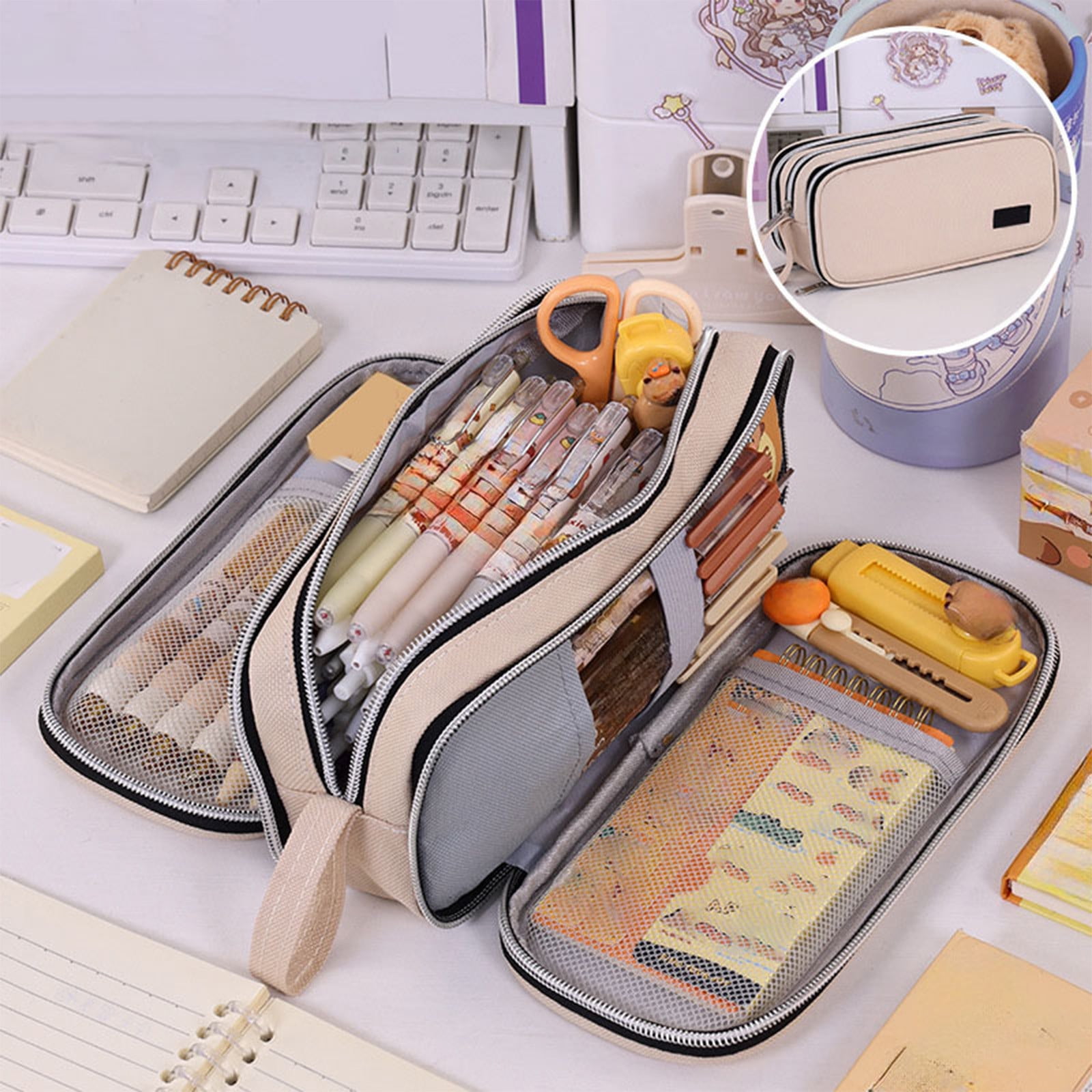 Cylindrical Zippered Pencil Pouch - Large Capacity Office Supplies ...