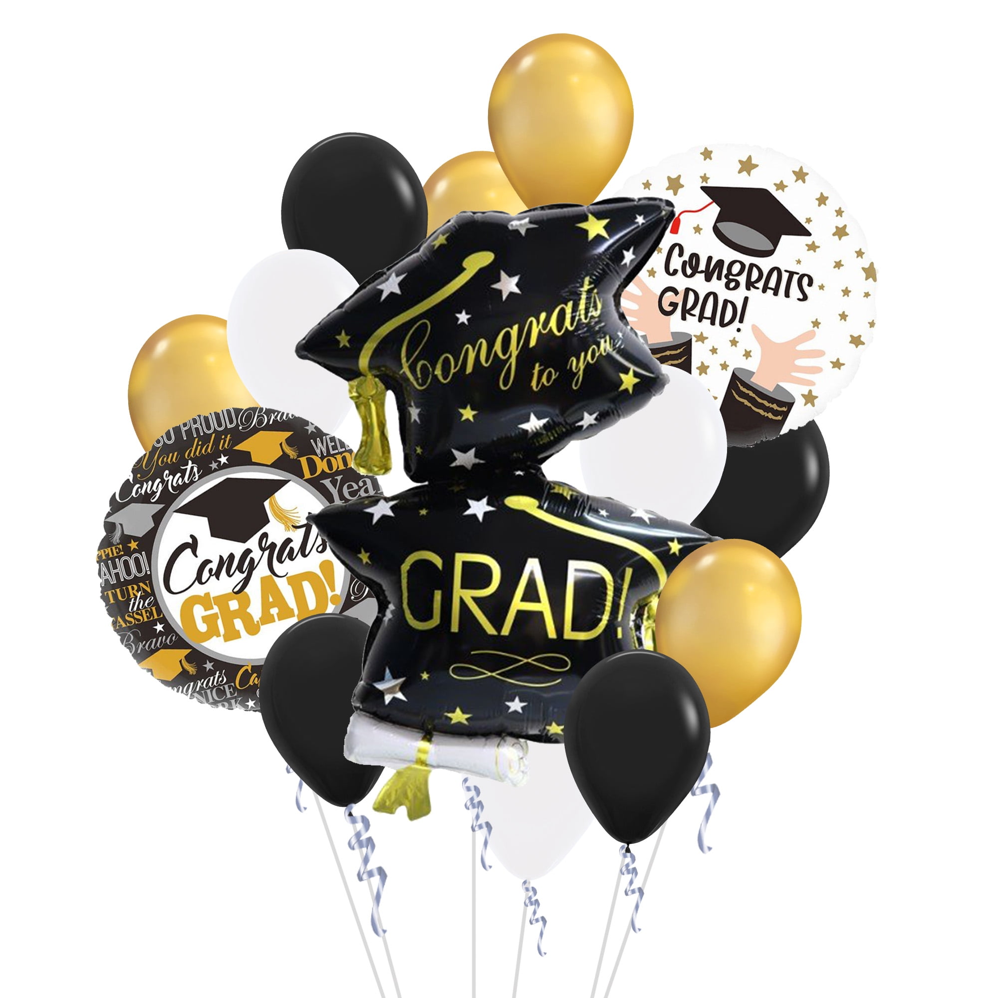 Cymylar Graduate Mylar Cap Foil Balloons, Congrats Grad, Black Gold ...
